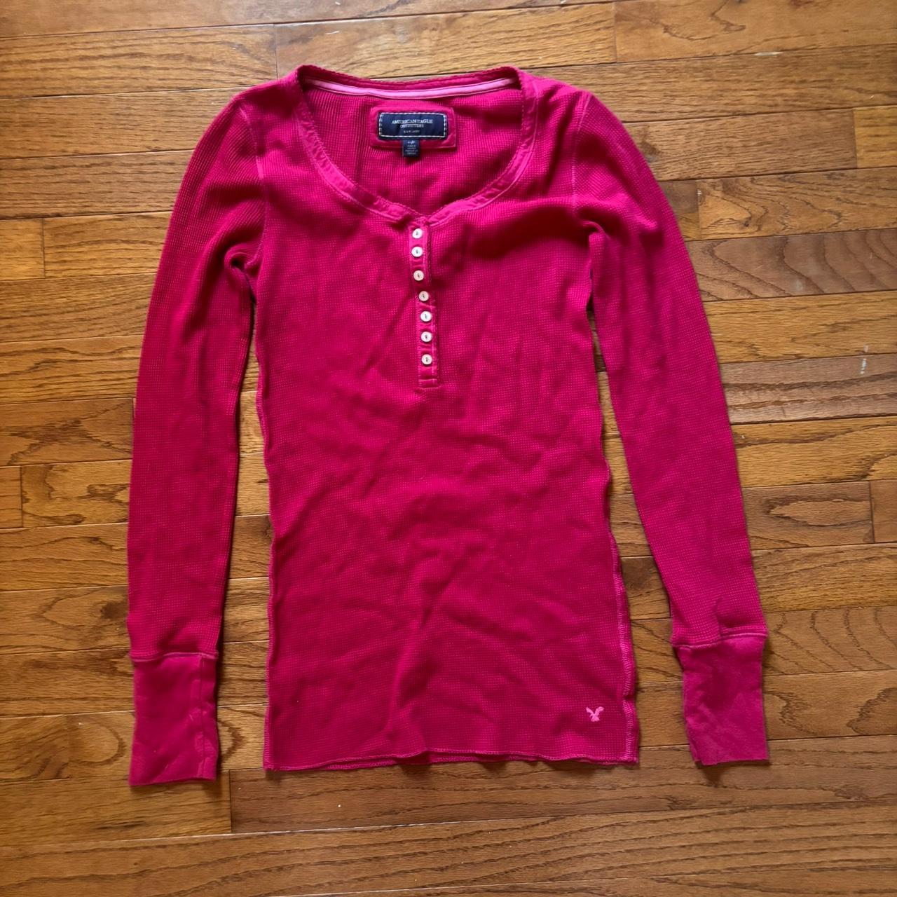 Old 2010s American Eagle pink henley button top long... | Depop