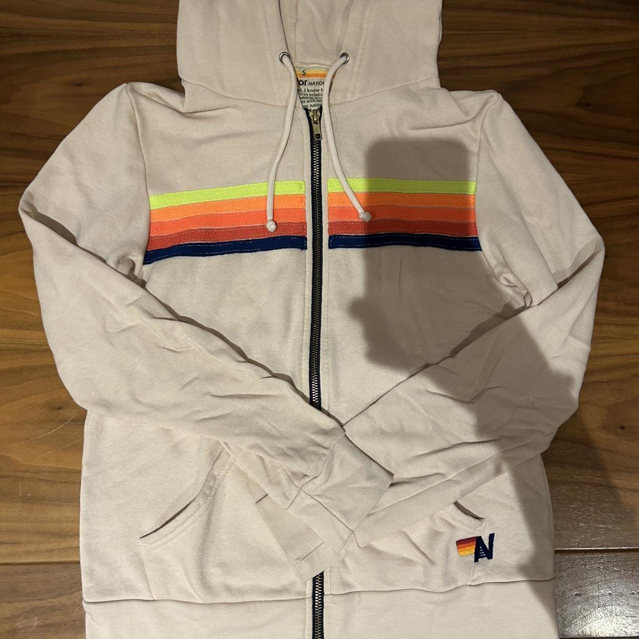 aviator nation Cream and multi-coloured zip-up... | Depop
