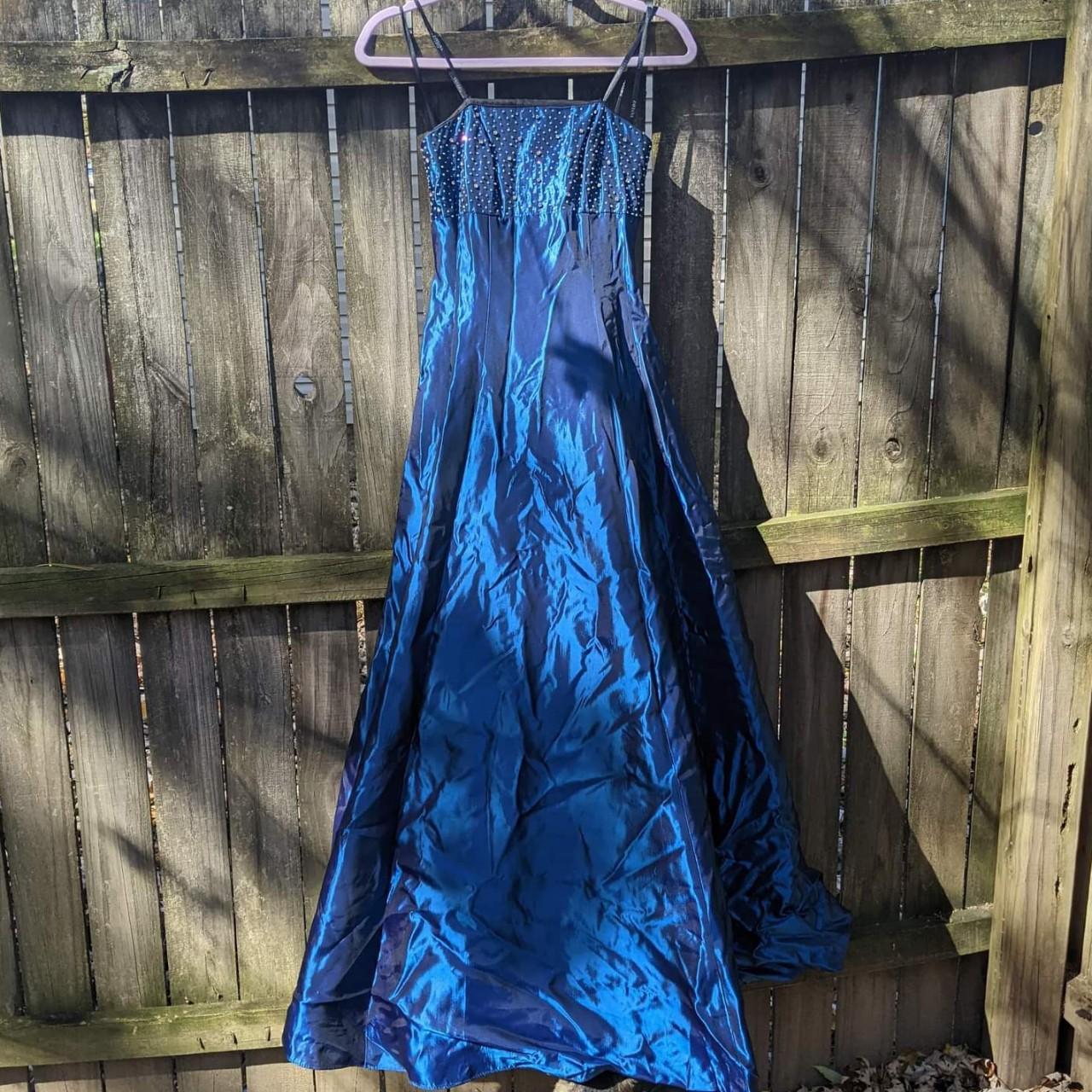 90's blue mettalic formal prom dress. Deep blue gown... - Depop