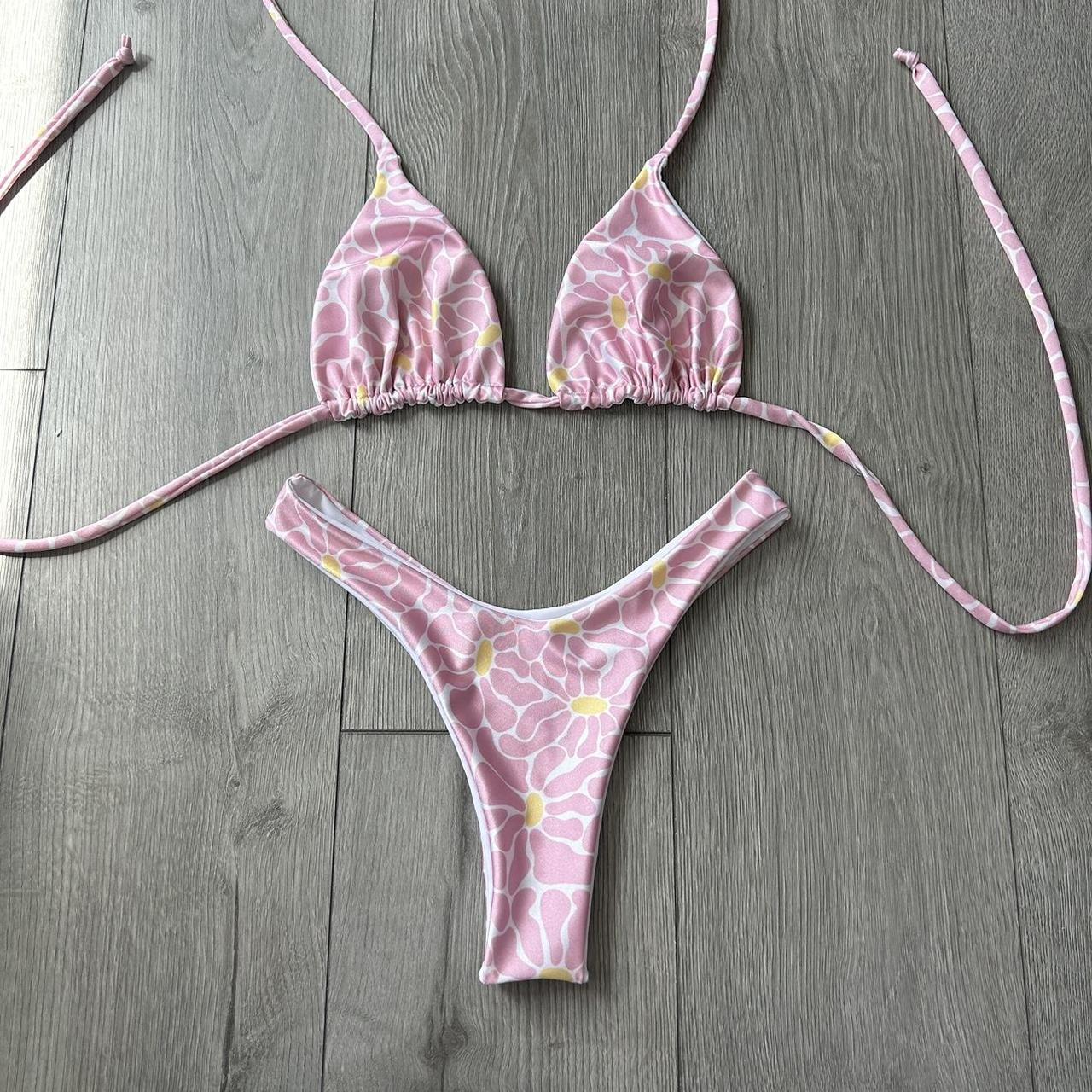 Pink And White Floral Dip Waist Thong Triangle Top Depop