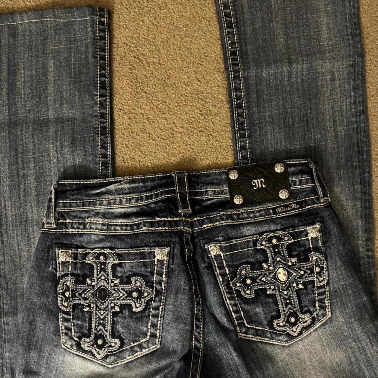 vintage y2k miss me flare jeans Cross design on the... - Depop