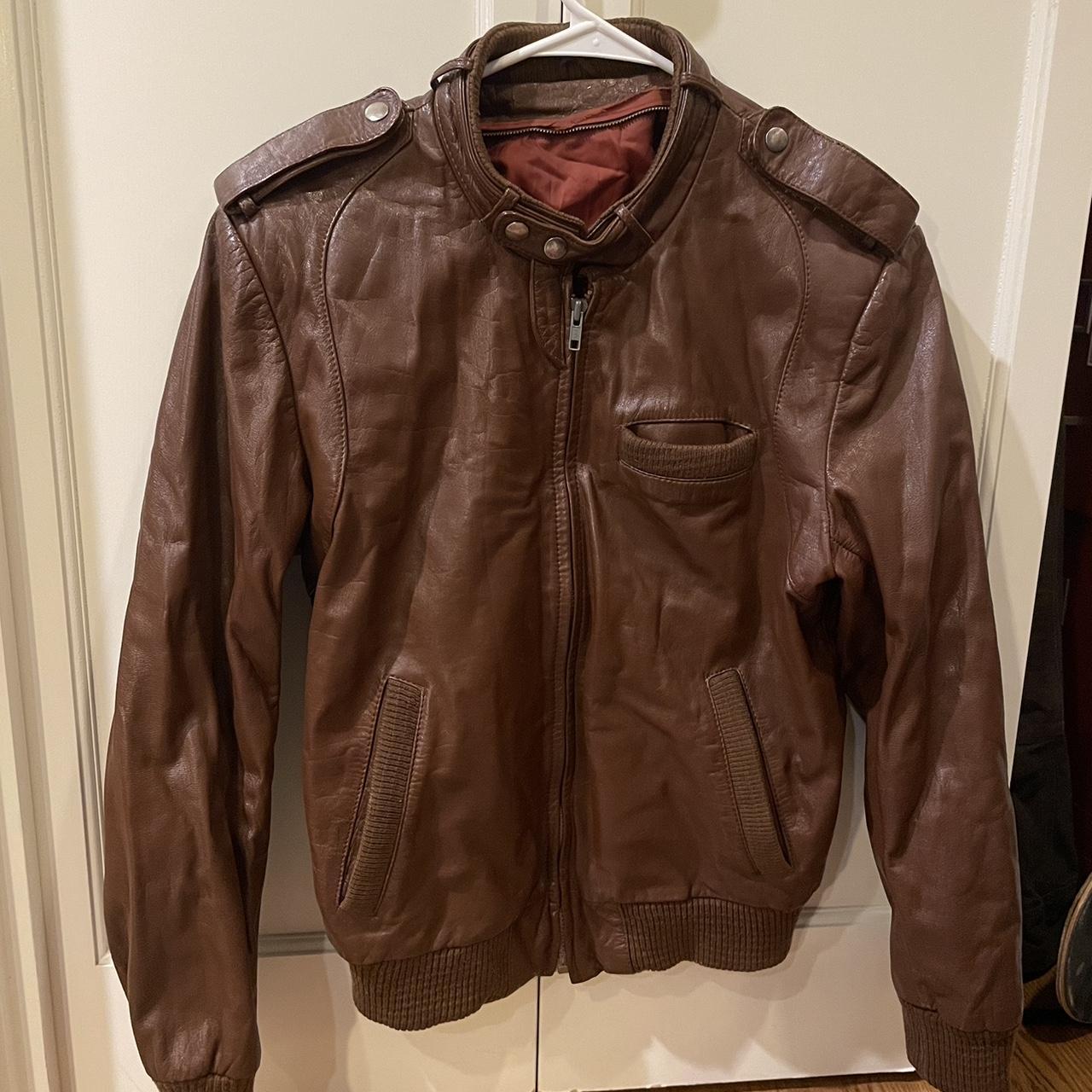 vintage men’s brown genuine leather jacket, cotton... - Depop