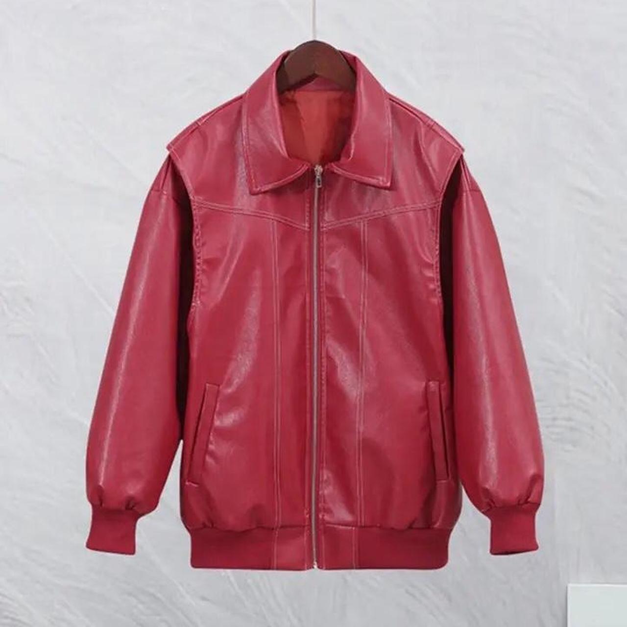 Super cool oversized deep red leather jacket (Swipe... - Depop