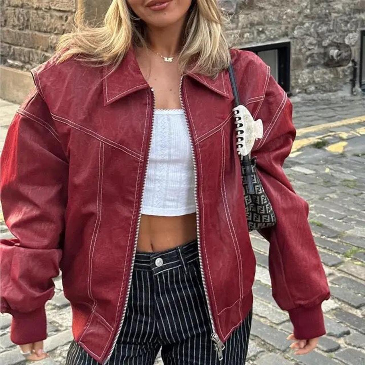 Super Cool Oversized Deep Red Leather Jacket Swipe Depop