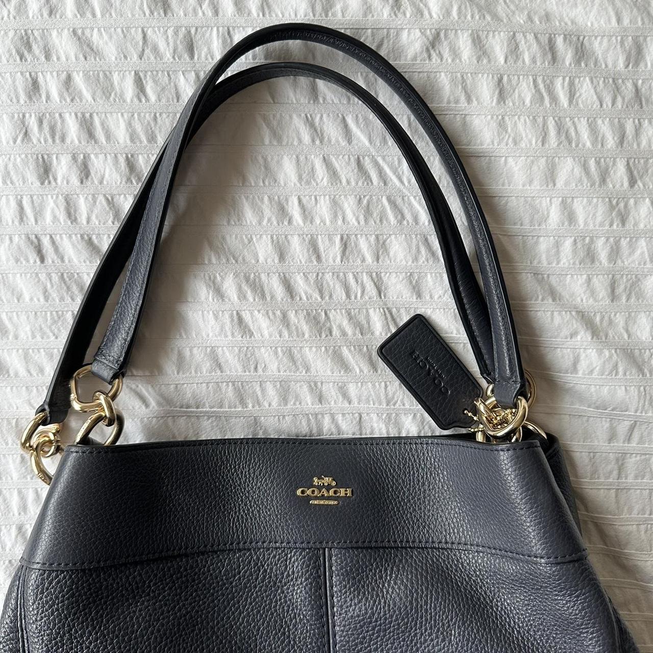 COACH dark blue leather bag with gold hardware... - Depop