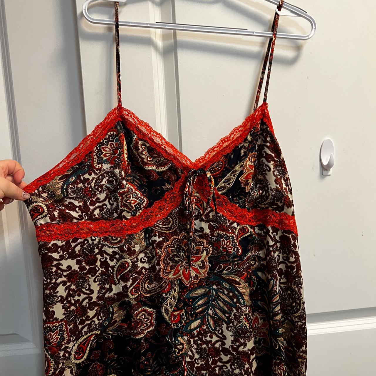 patterned slip dress with orange lace - Depop