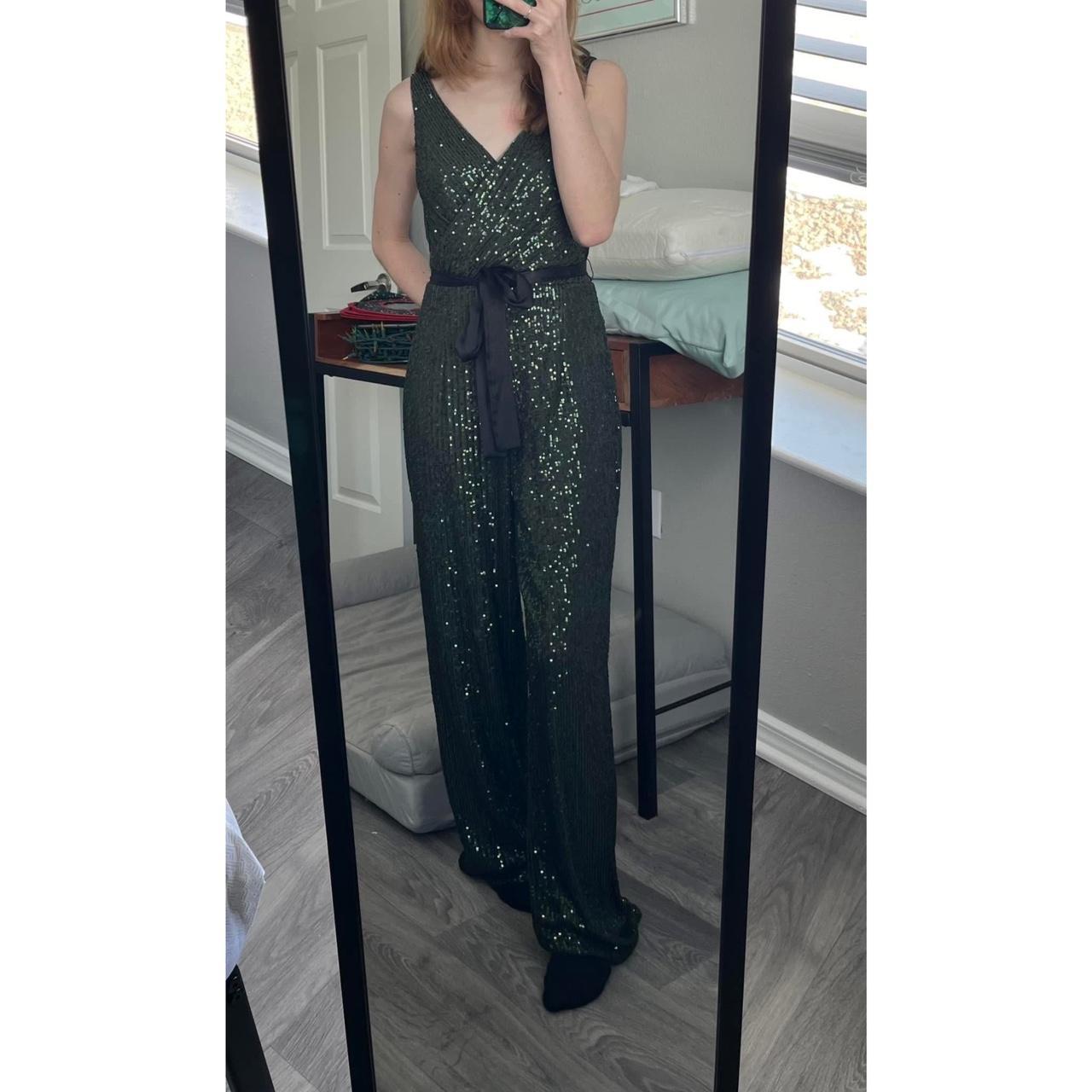 Green sequin jumpsuit with black satin belt🖤🪐 Worn... | Depop