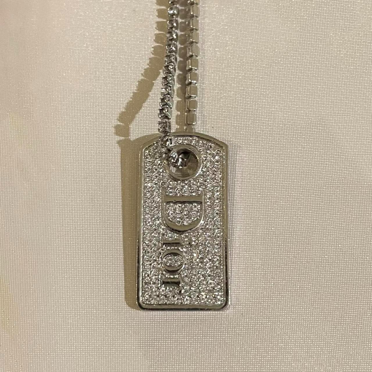 Dior silver logo monogram crystal encrusted dog tag... - Depop