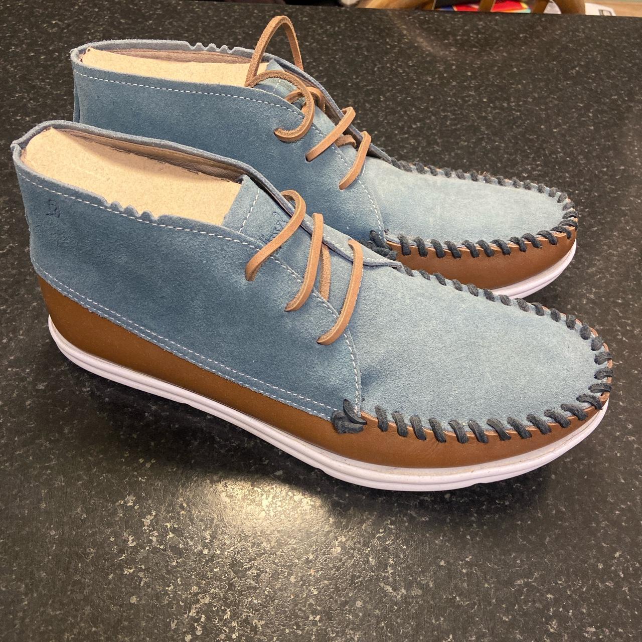 Mens hi-top moccasins in blue suede, brown leather... - Depop