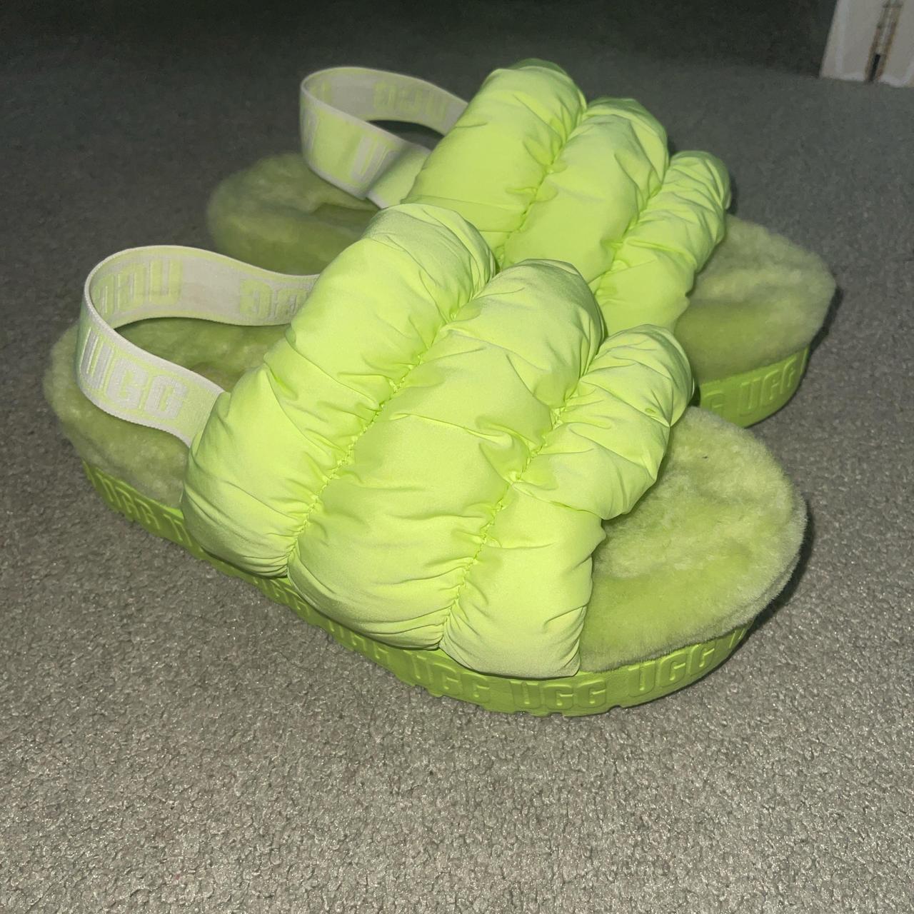 UGG neon green slides worn a few times comes with... - Depop