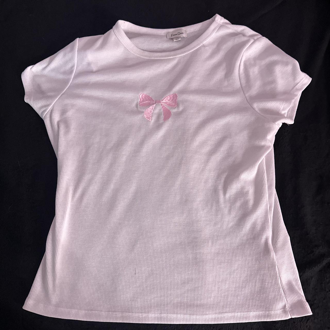 White and pink baby tee with bow embroidery #y2k - Depop