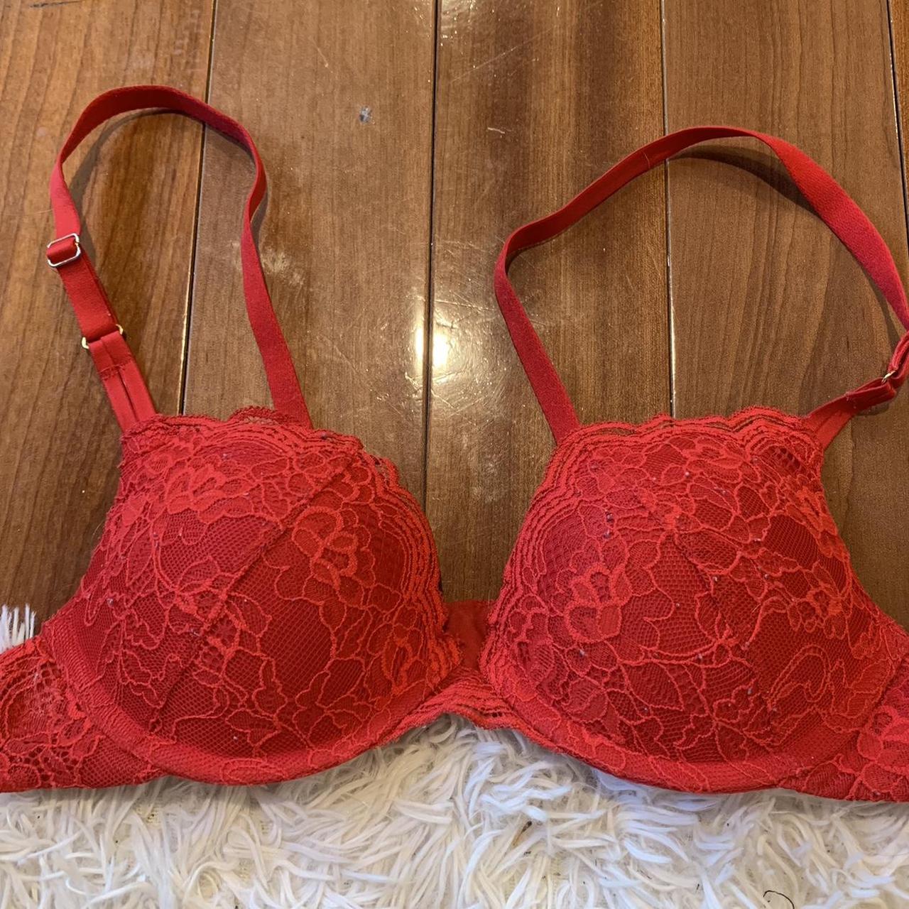 red lace bra has some fuzz balls on one of the cups... - Depop