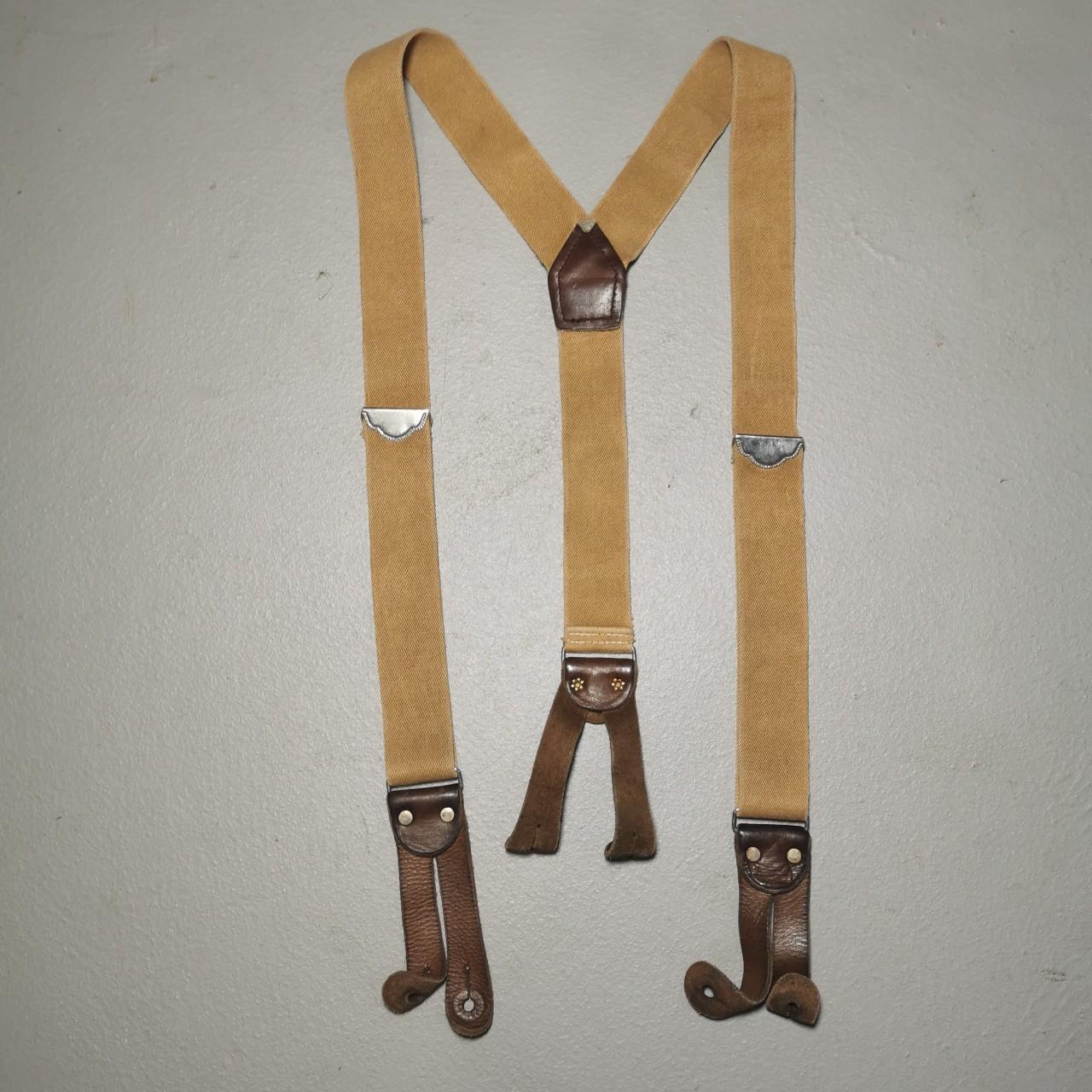Mid century Vintage leather and cotton drill suspenders - Depop