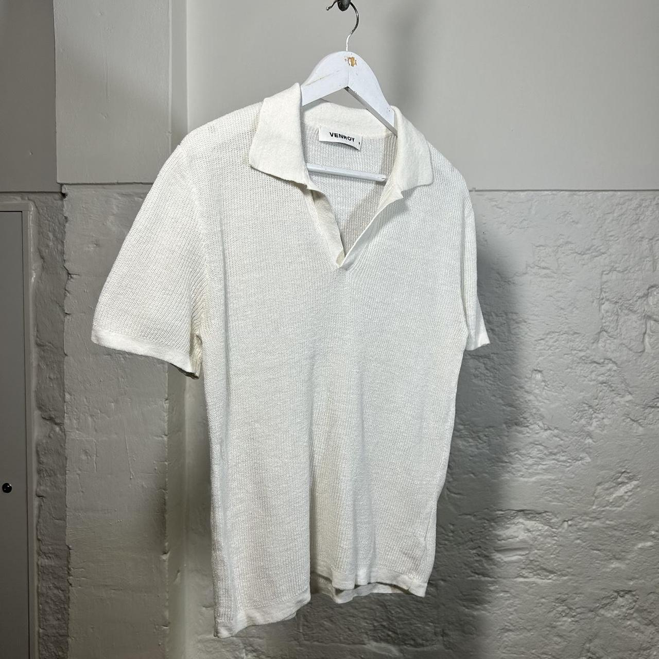 Venroy white linen knit polo shirt, 70s style retro... - Depop