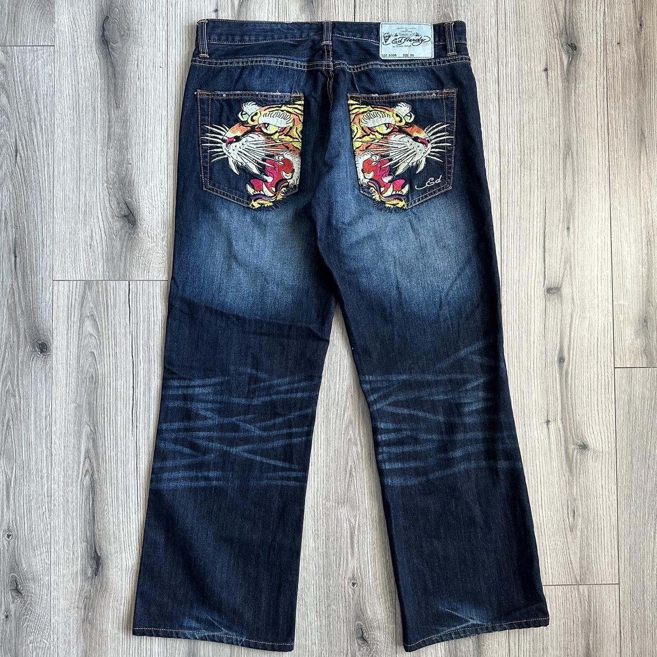 Vintage Y2K Ed Hardy Tiger Embroidery Jeans Size:... - Depop