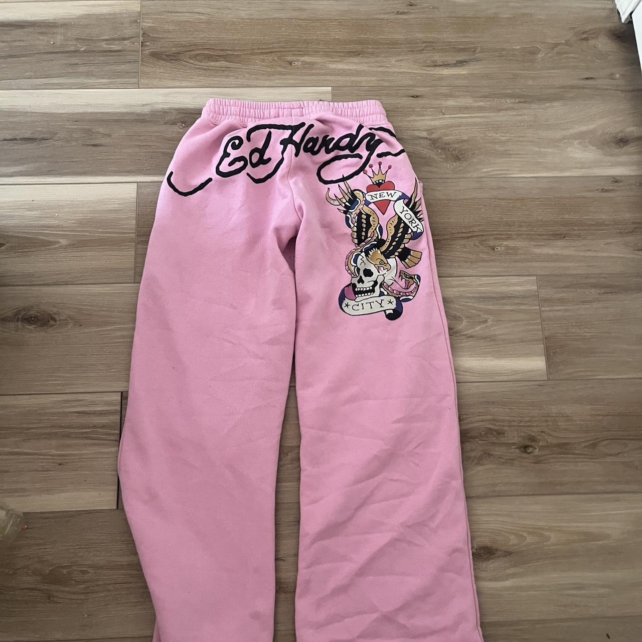 Pink ed hardy new york eagle pants size xs does... - Depop