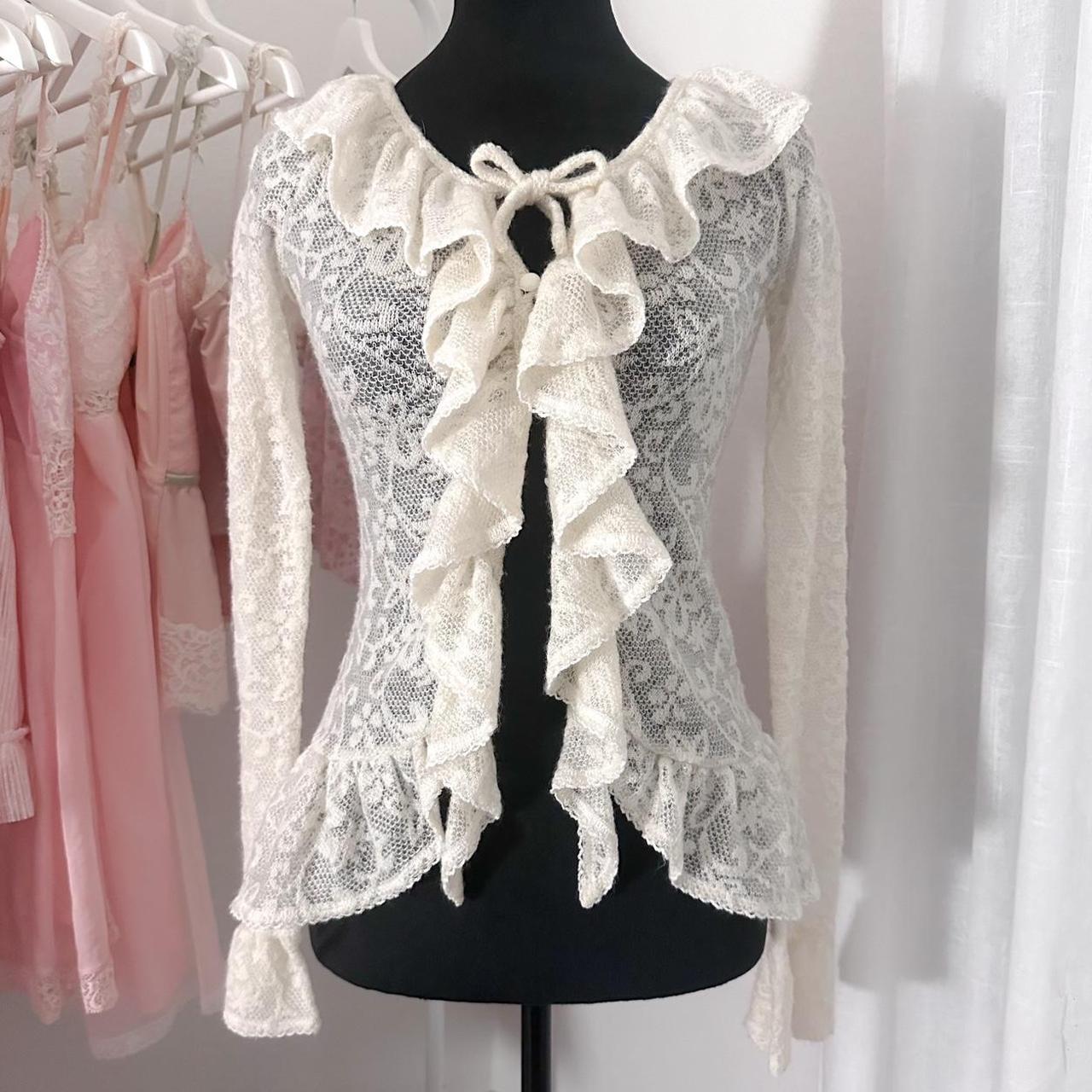 Japanese white lace long sleeve with ruffle details... - Depop