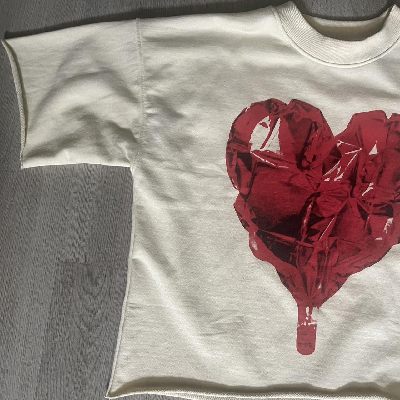 Cream and red cropped t-shirt with a heart design... | Depop