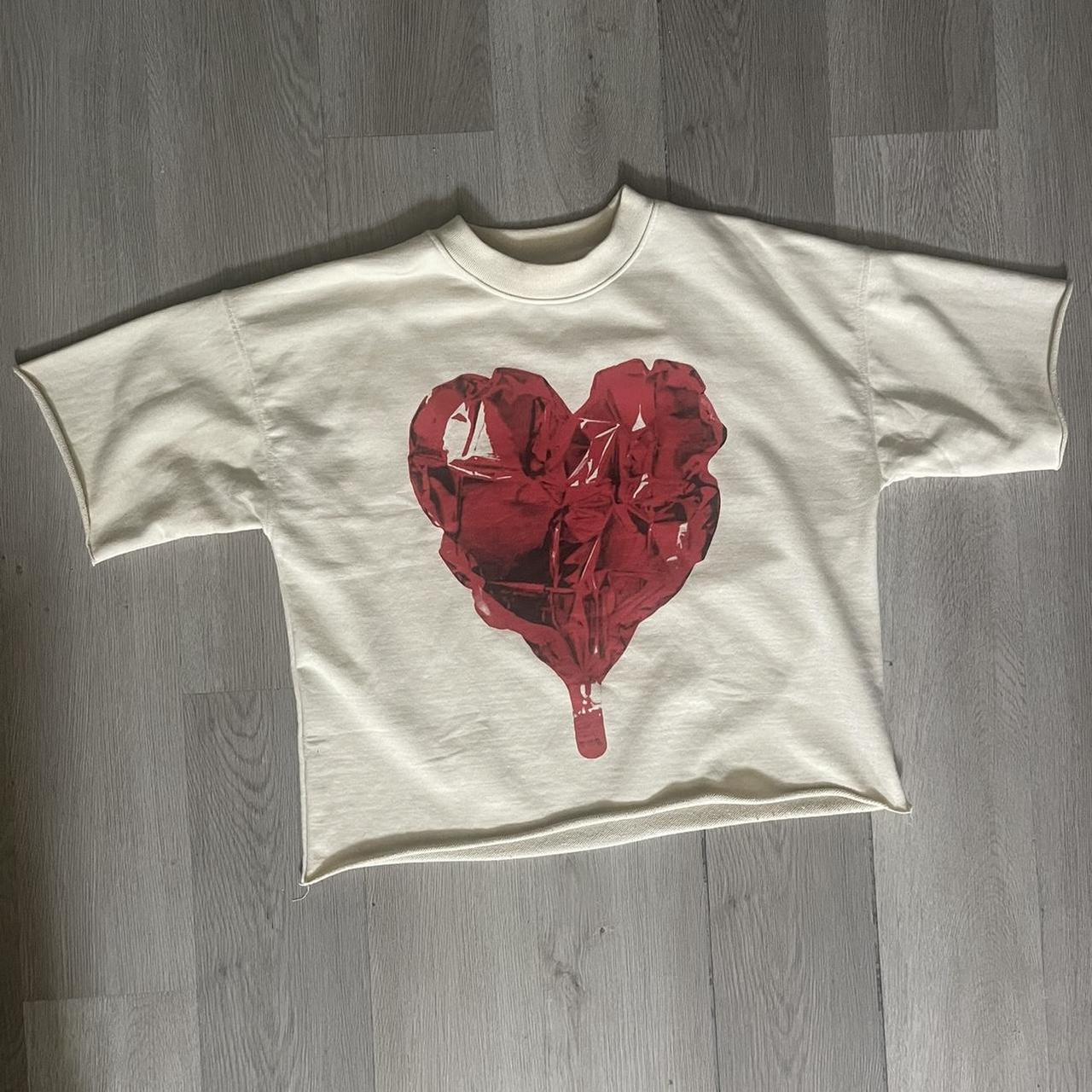 Cream and red cropped t-shirt with a heart design... | Depop