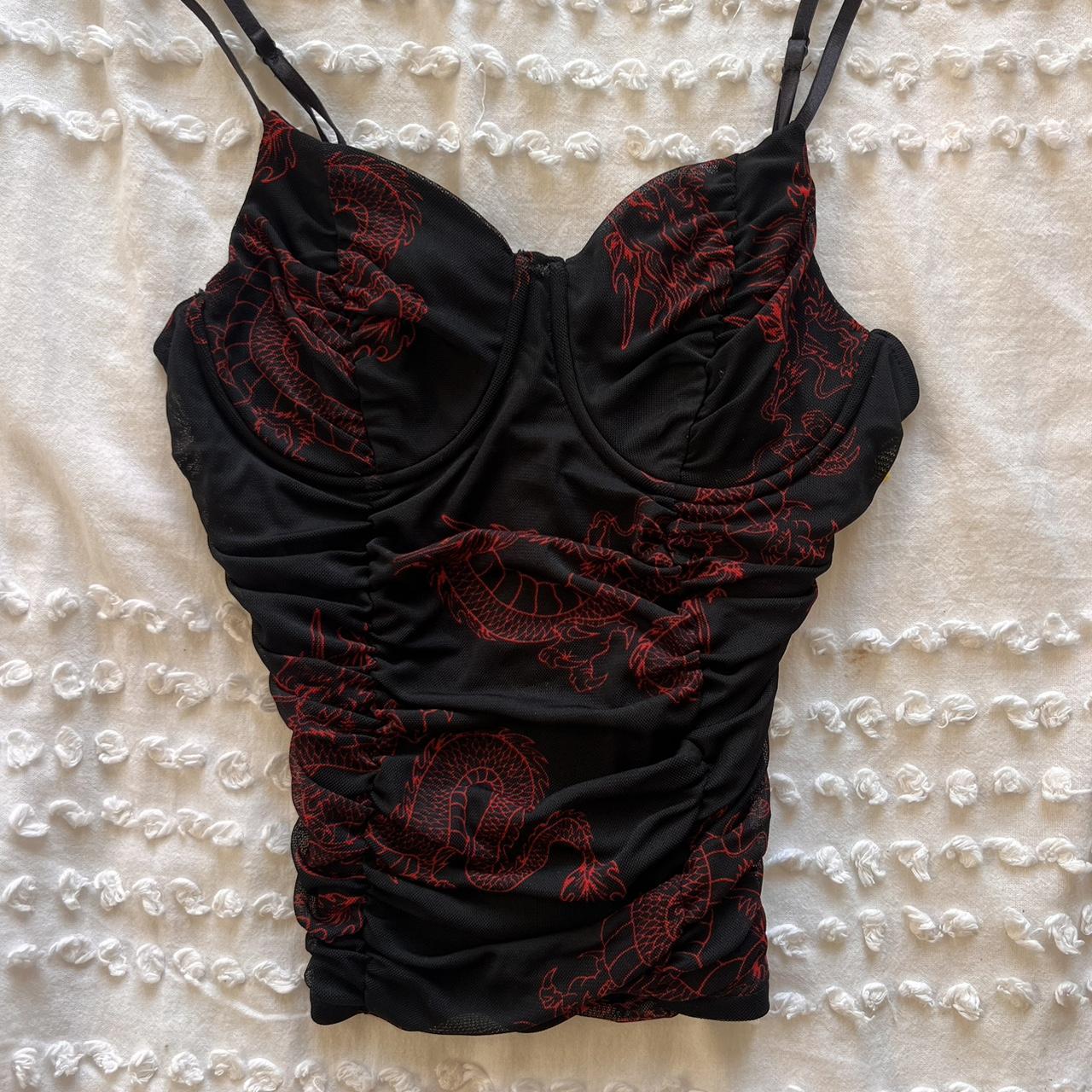 Black tight mesh going out top with red dragons - Depop