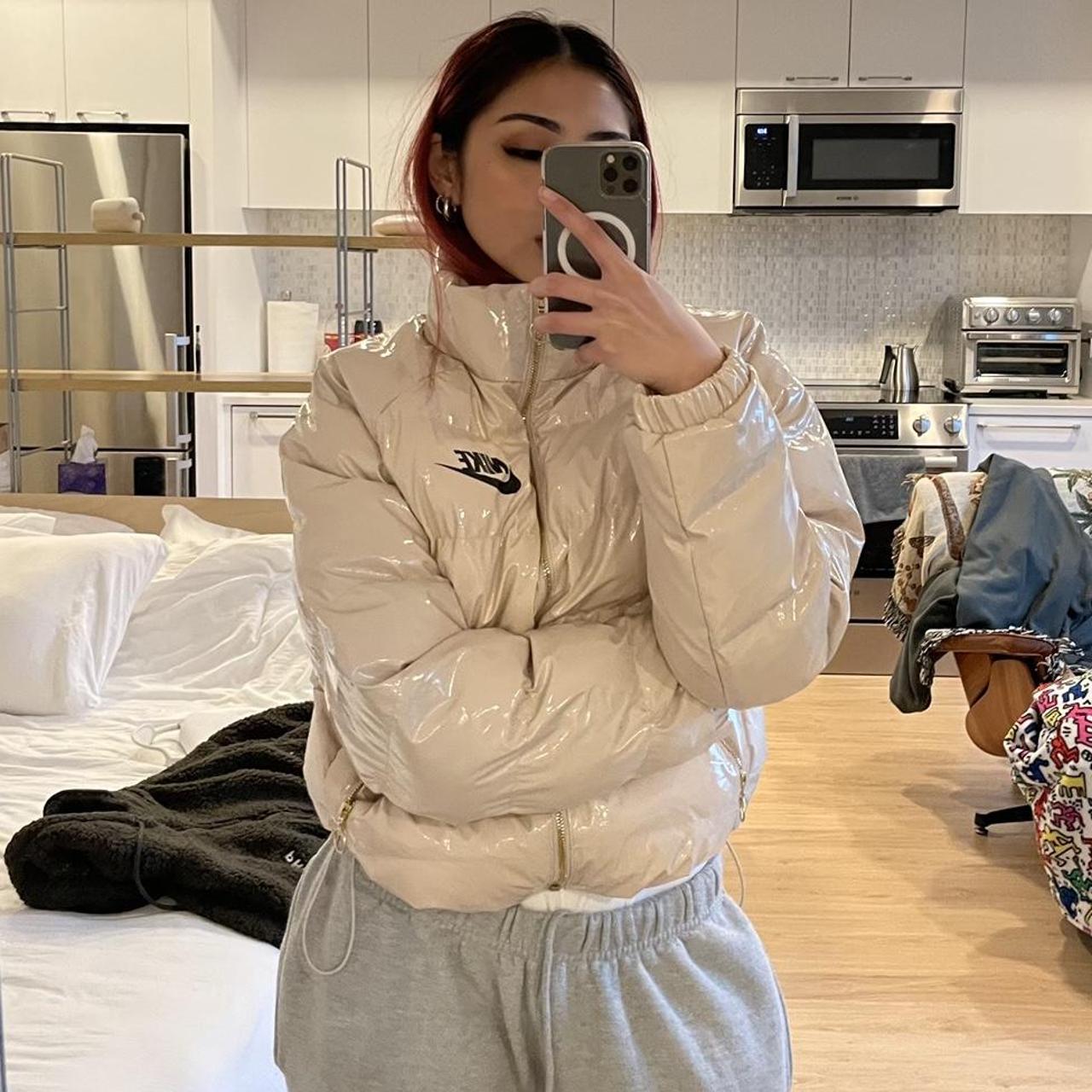 Off white/cream patent leather puffer jacket from... | Depop