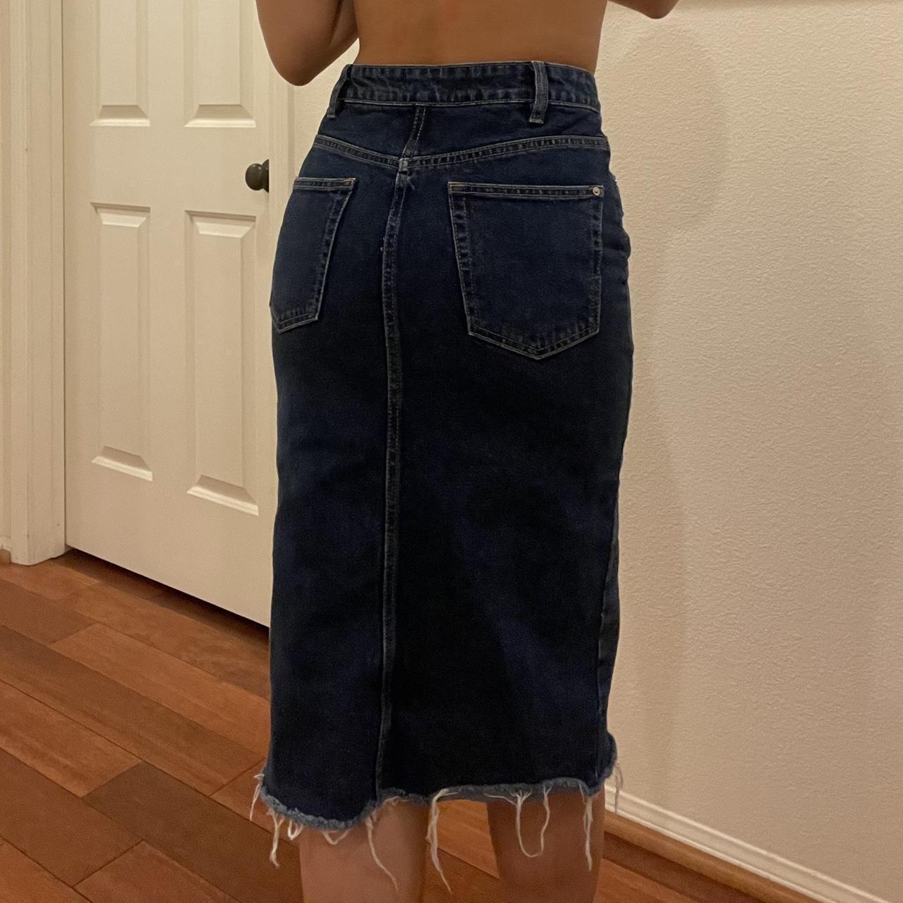 zara high waist deep blue midi denim skirt with... - Depop