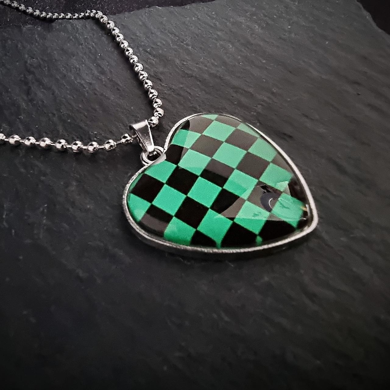 Green Checked Heart Necklace Necklace Length:... - Depop