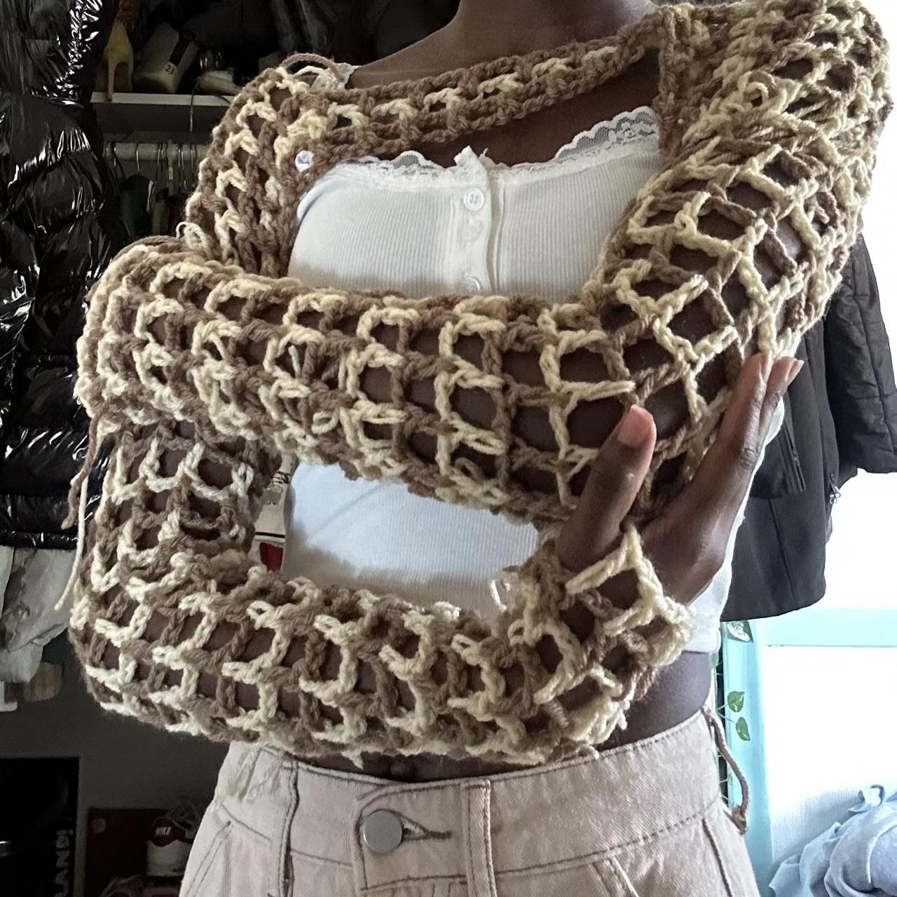 Beige and brown two tone distressed crochet... - Depop