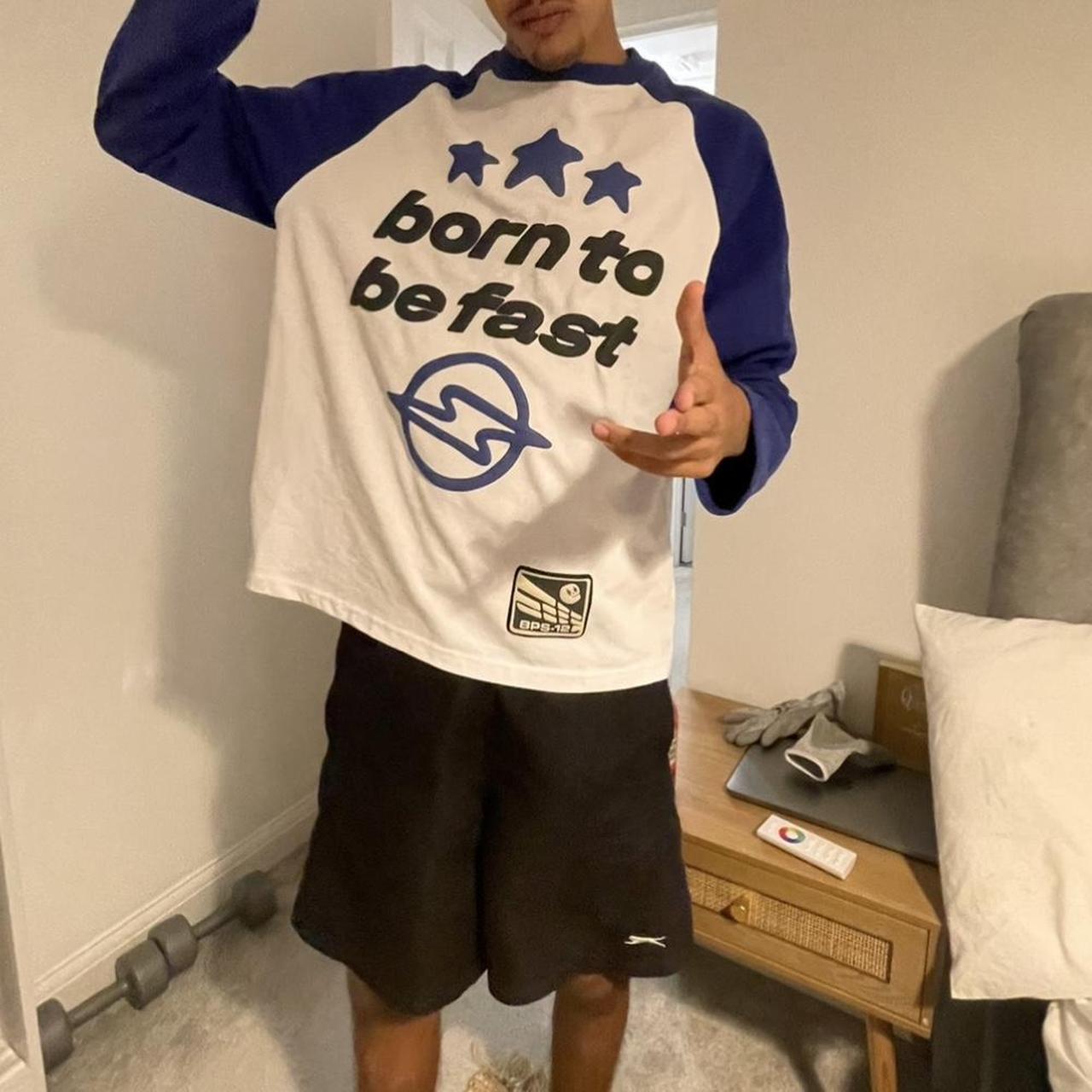 White and blue Born to be Fast long sleeve top - Depop