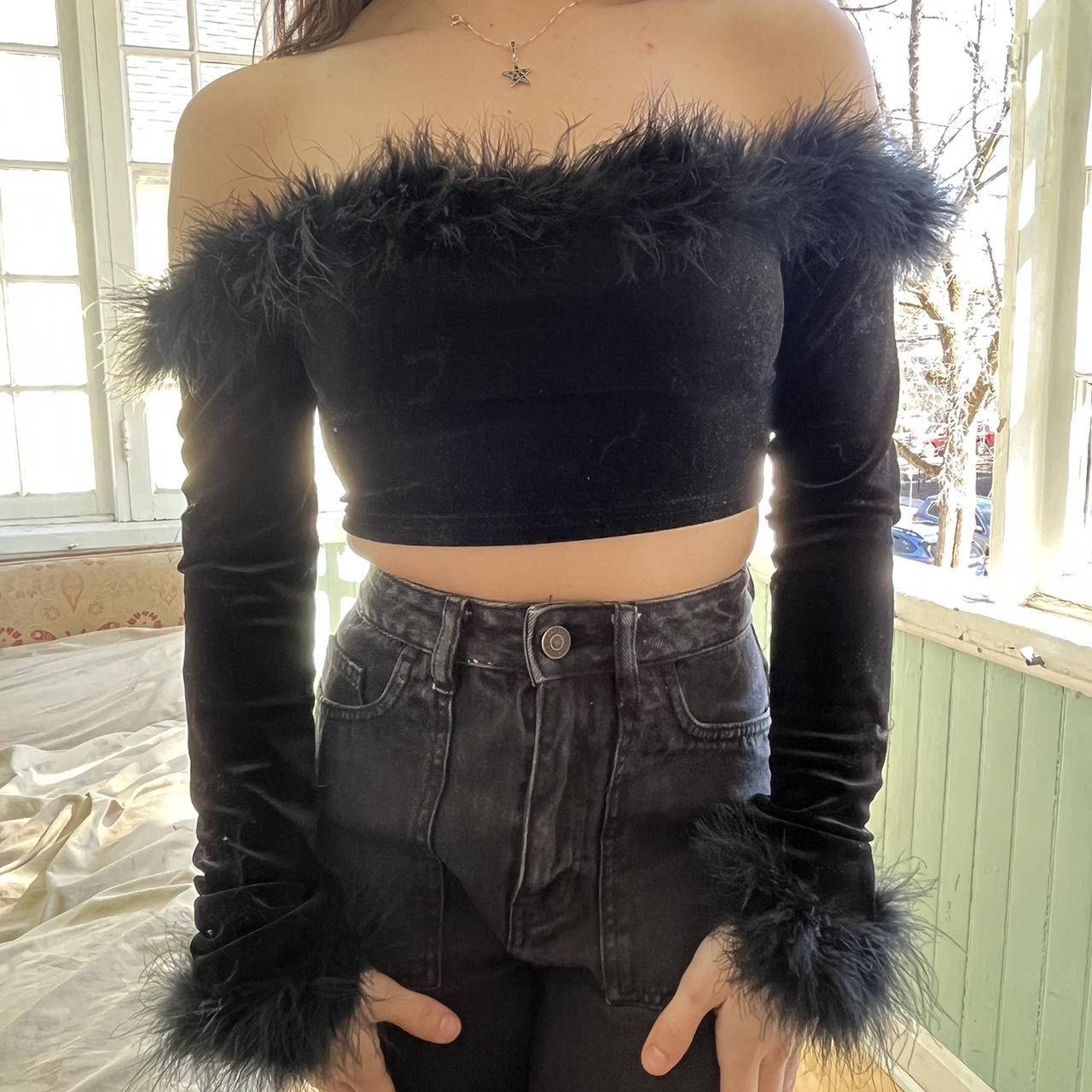Edikted black fur top XS Worn a few times There is... - Depop