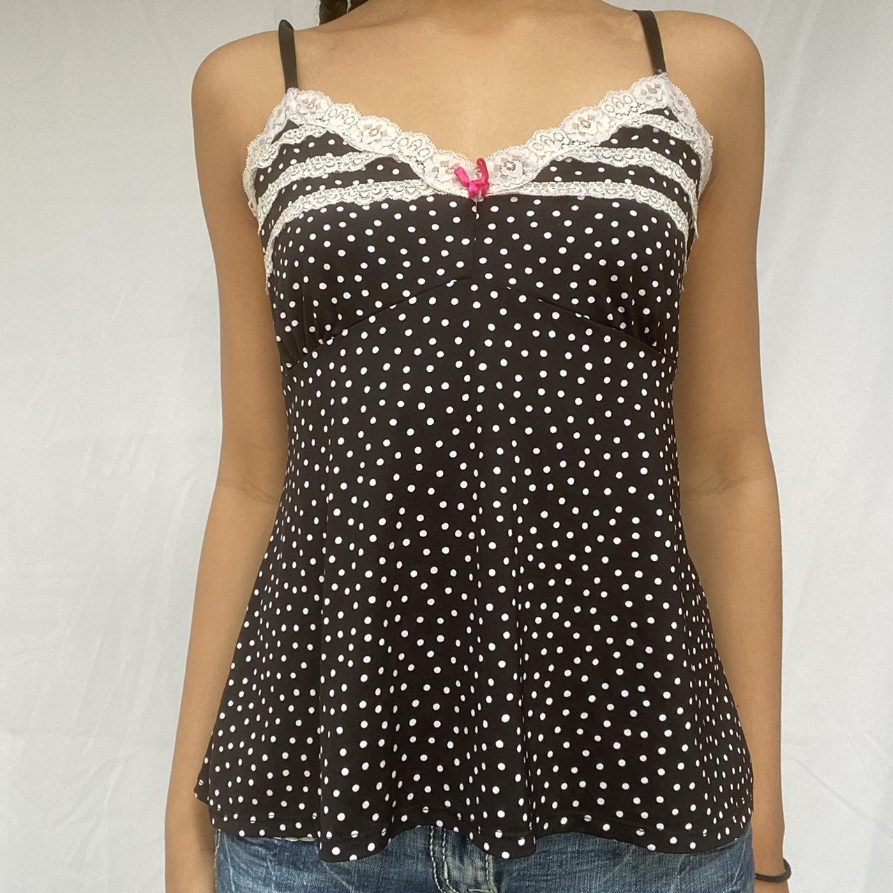 Black and white polka dot lace trim cami top with... - Depop