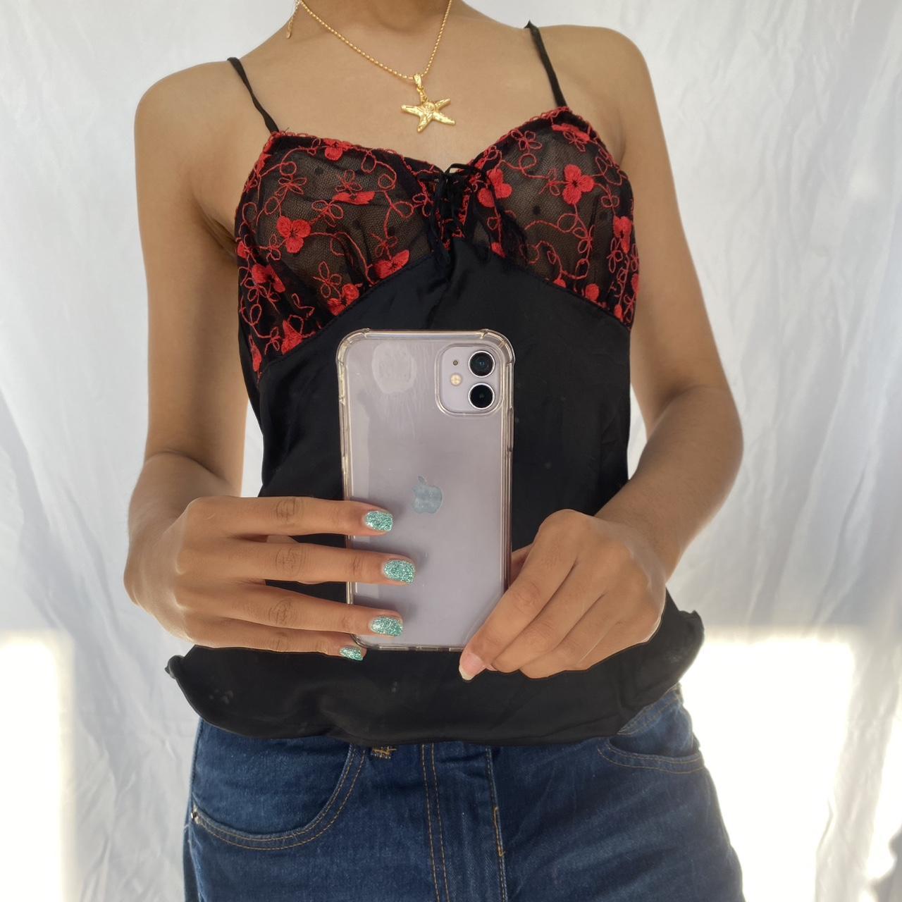 Black and red lace cami top with bow detail best... | Depop