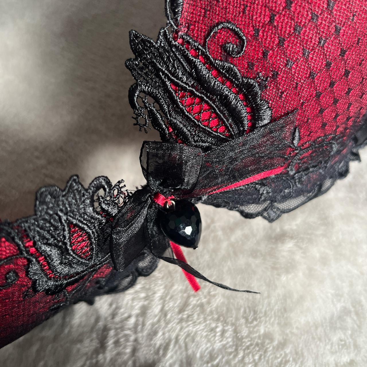 Dark red and black lace underwire bra, has a cute... - Depop