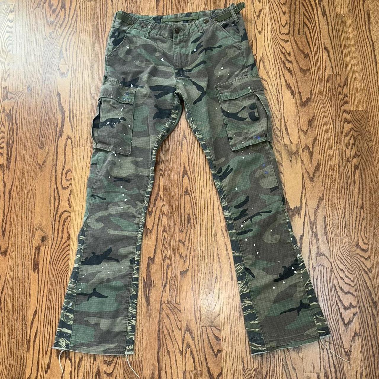 mnml camo cargo pants with paint splatter and... - Depop