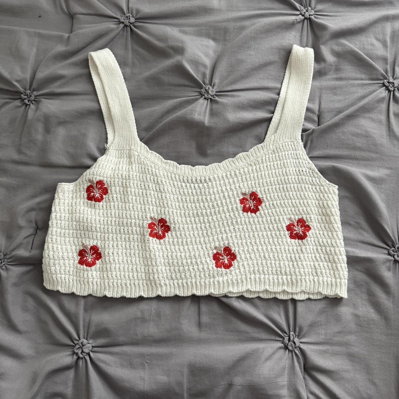 crochet tank top with red hibiscus flowers - Depop