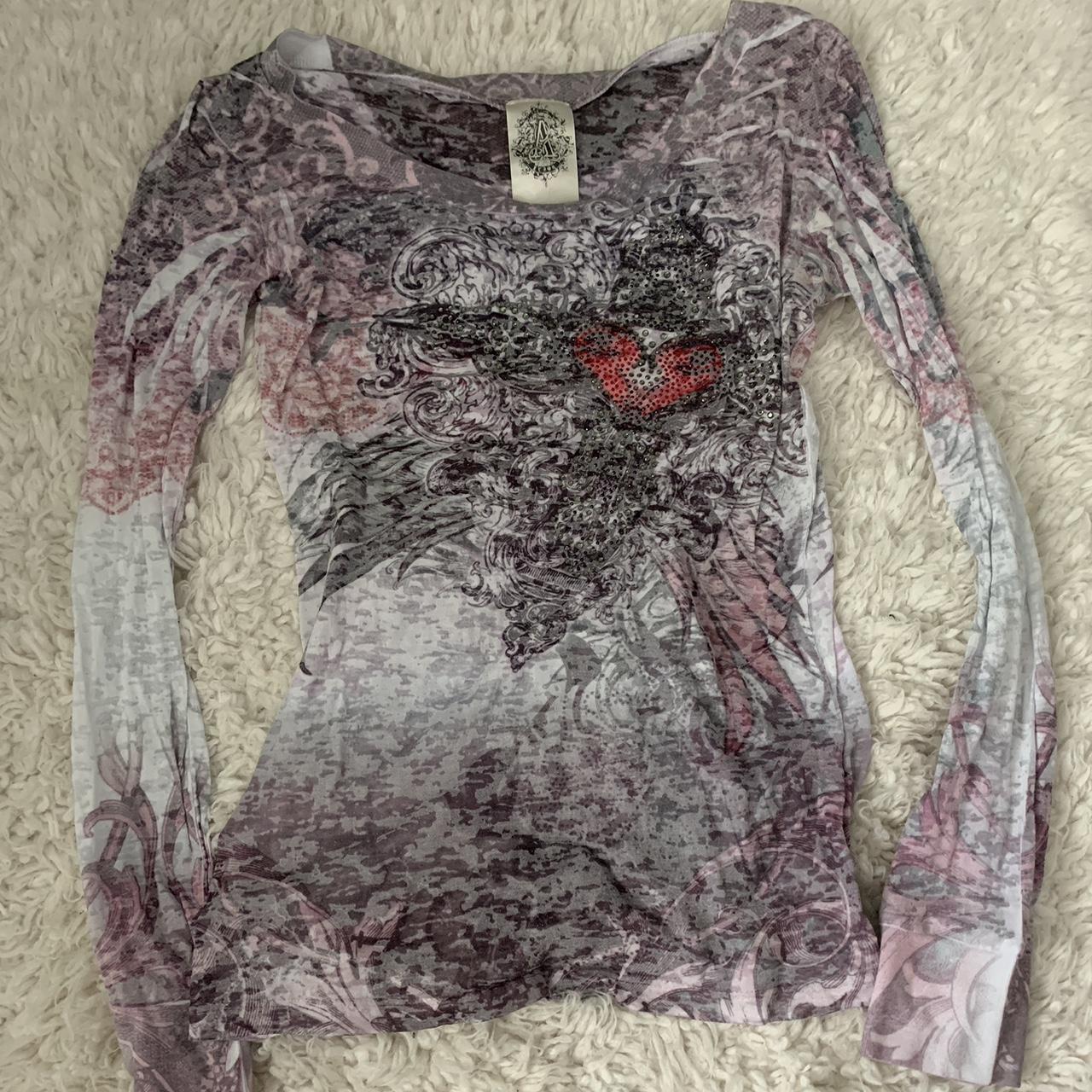 y2k gem heart wings graphic top size small - Depop