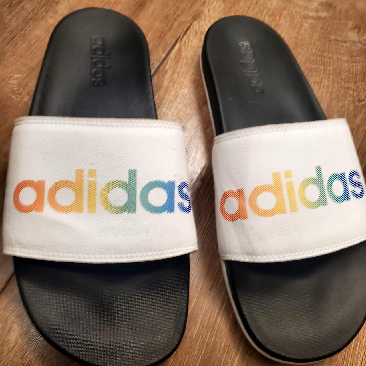 Adidas White Black Insole Logo Men's Casual Flip... - Depop