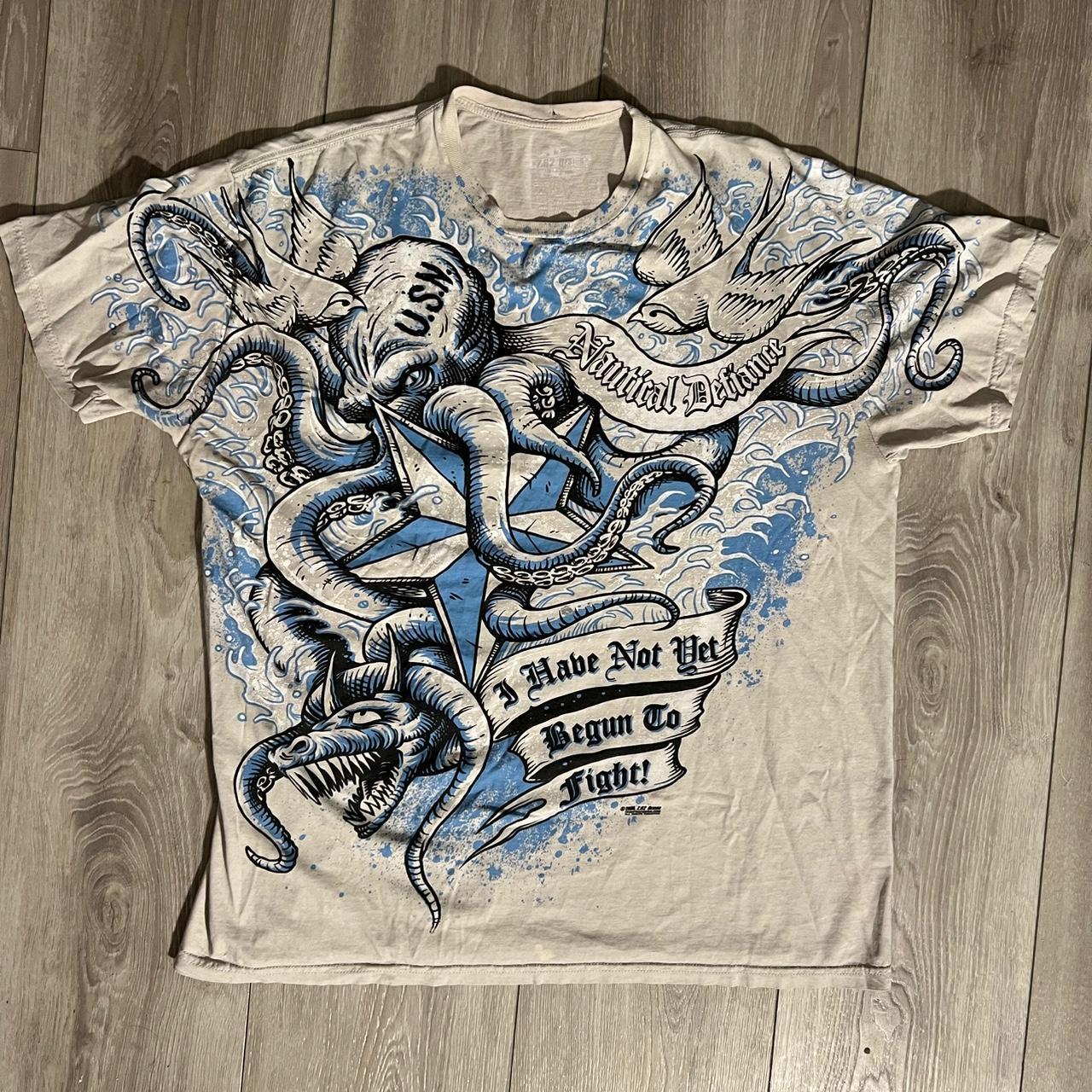 light grey with light blue affliction style design... | Depop