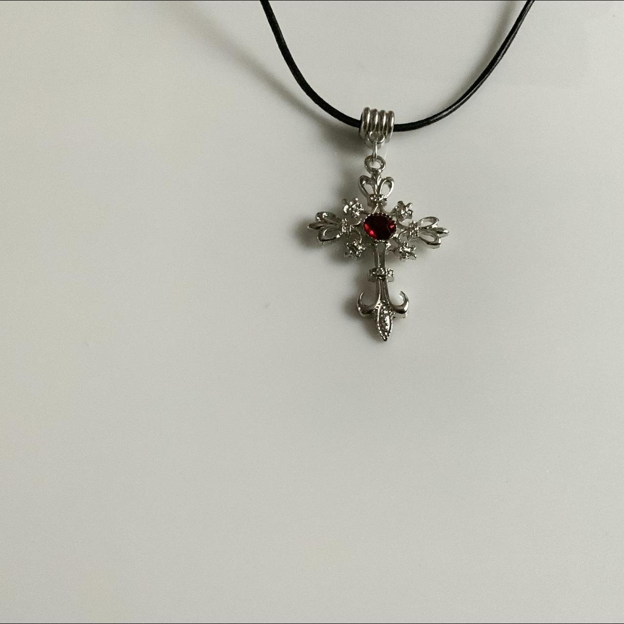 Beautiful Fancy Cross Red Stone Center Necklace... - Depop