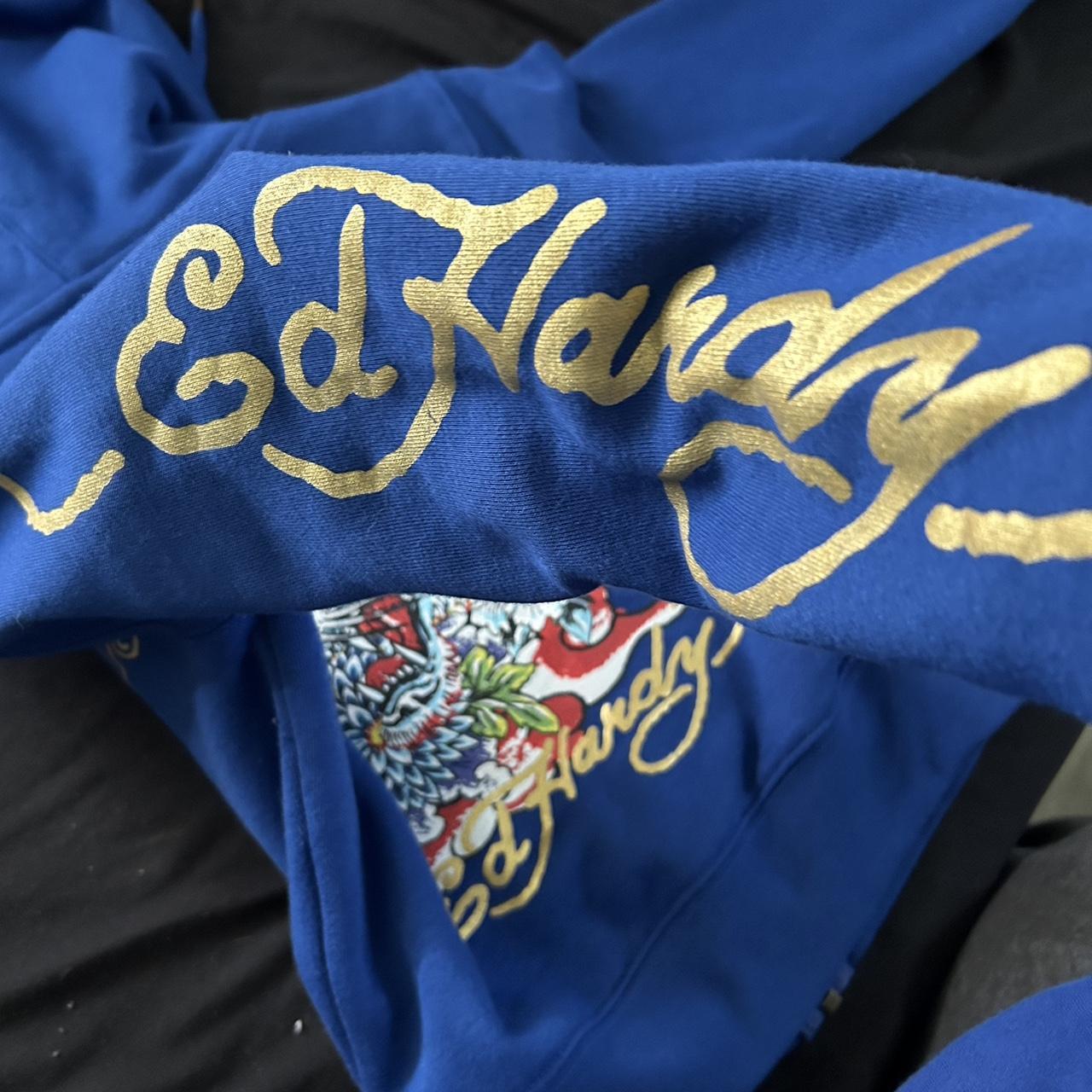 Ed Hardy blue and yellow zip up hoodie - Depop
