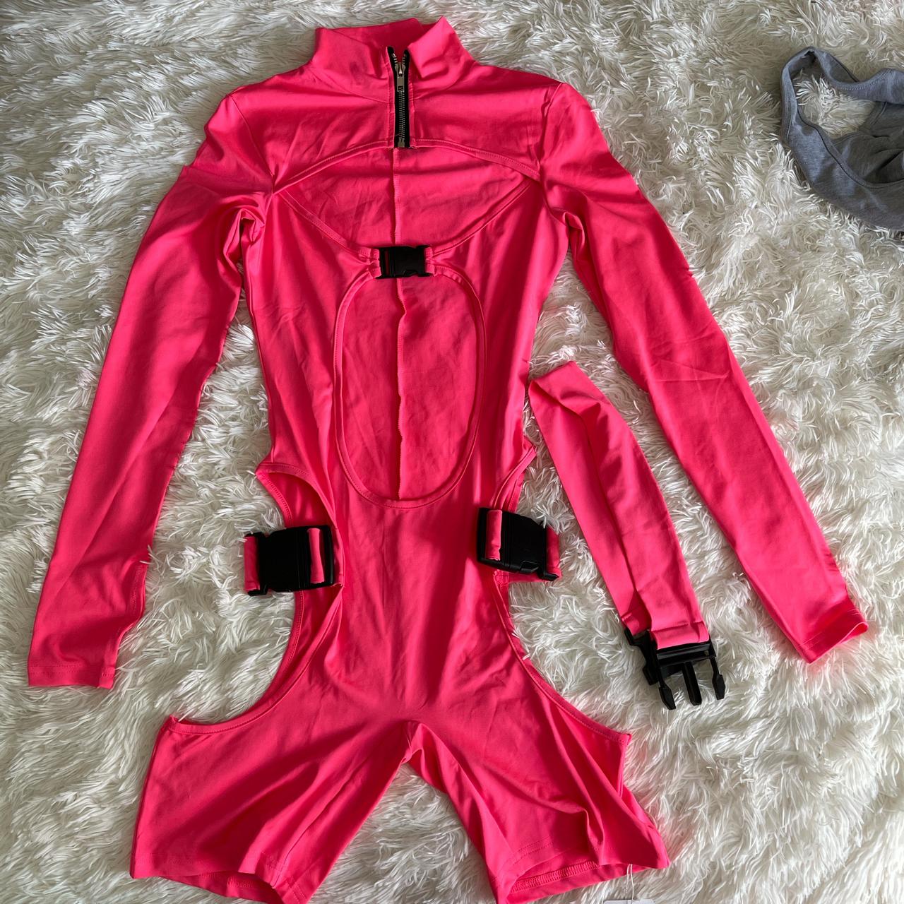 Neon pink rave romper/jumpsuit size... | Depop
