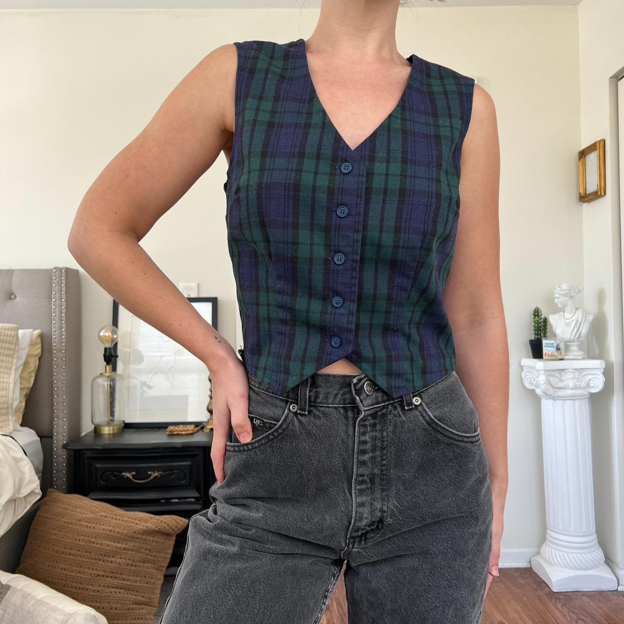 CHECKERED VEST Forest green & teal button up vest... - Depop