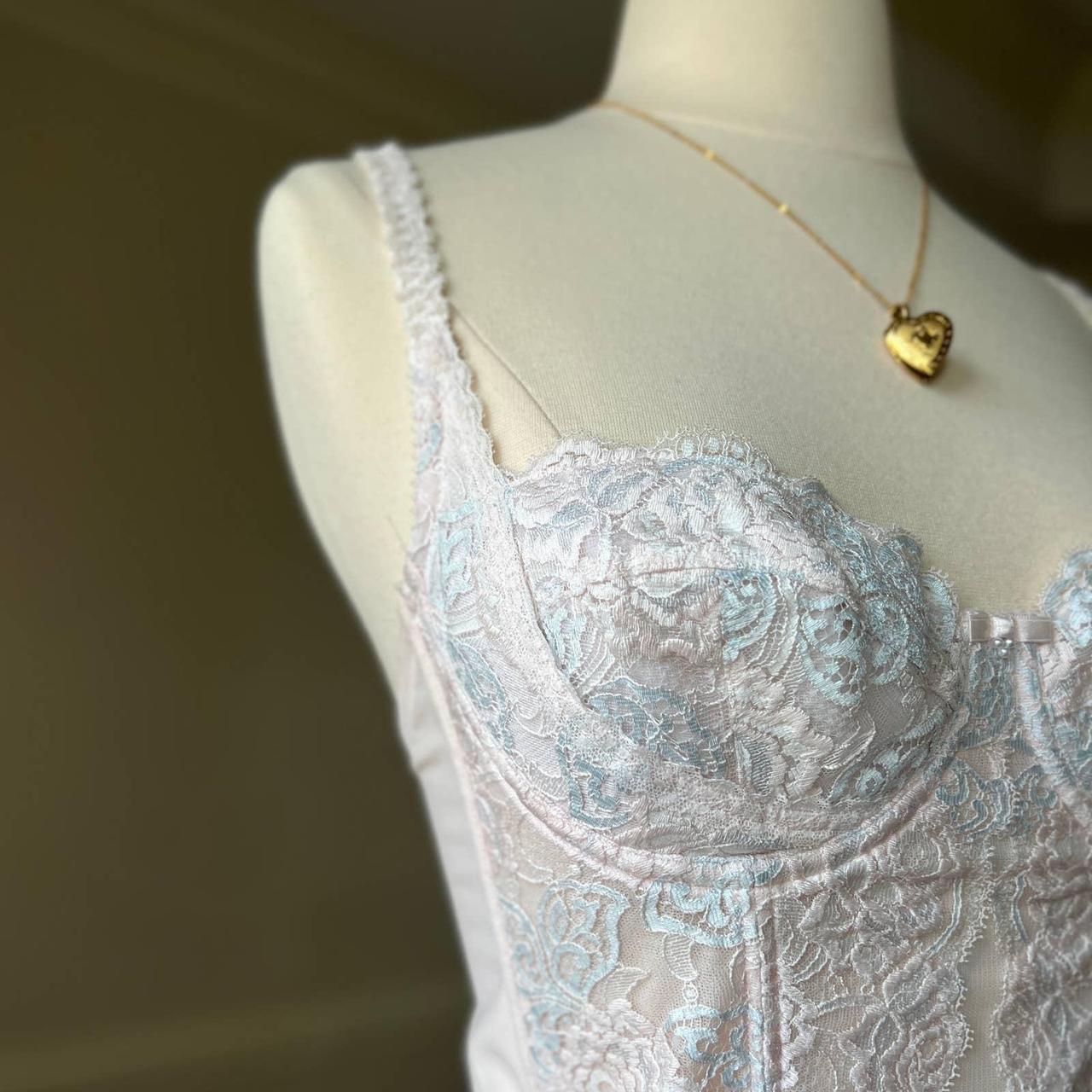 Vintage-inspired pastel corset featuring rosette... - Depop