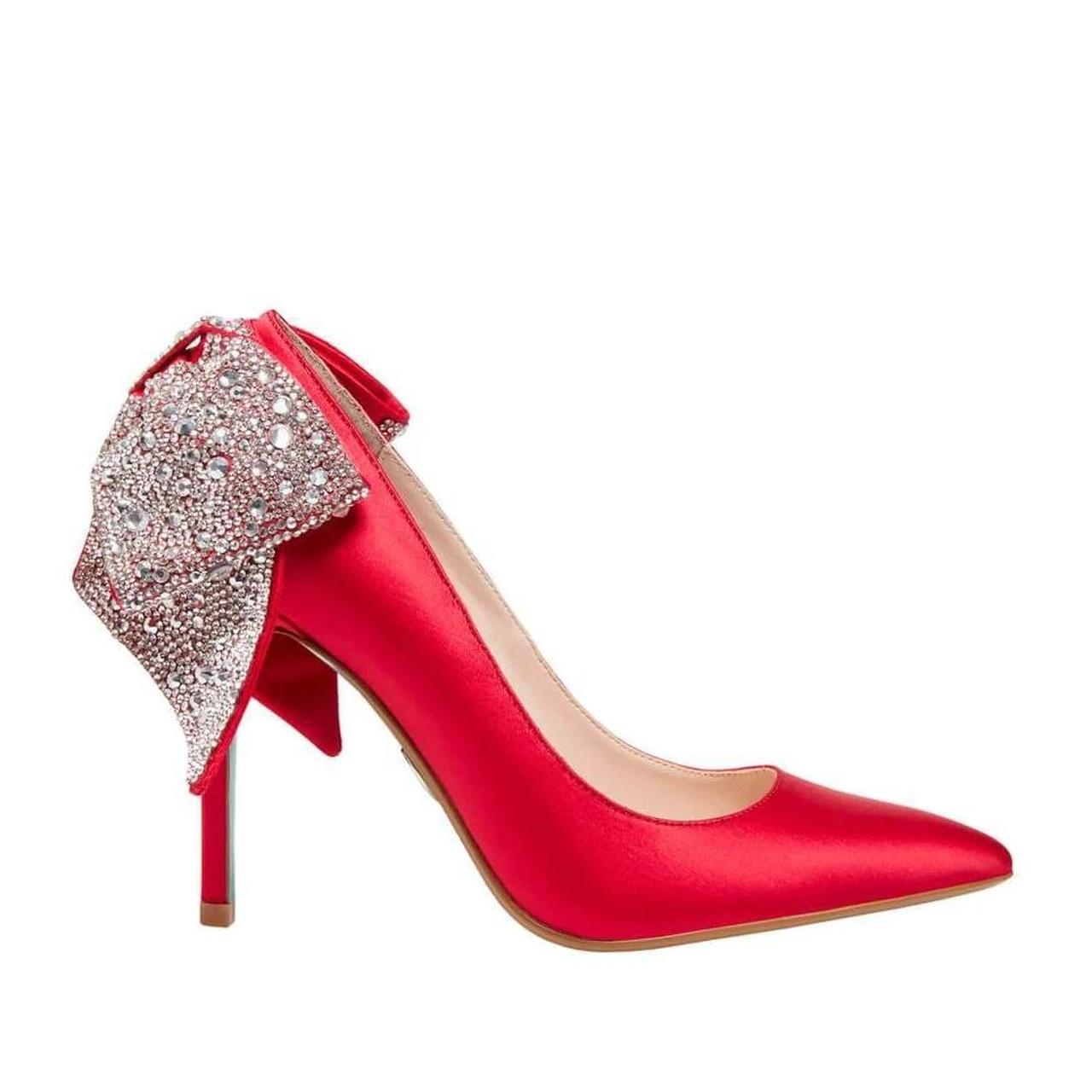 Betsey Johnson red satin pumps with rhinestone bow... - Depop