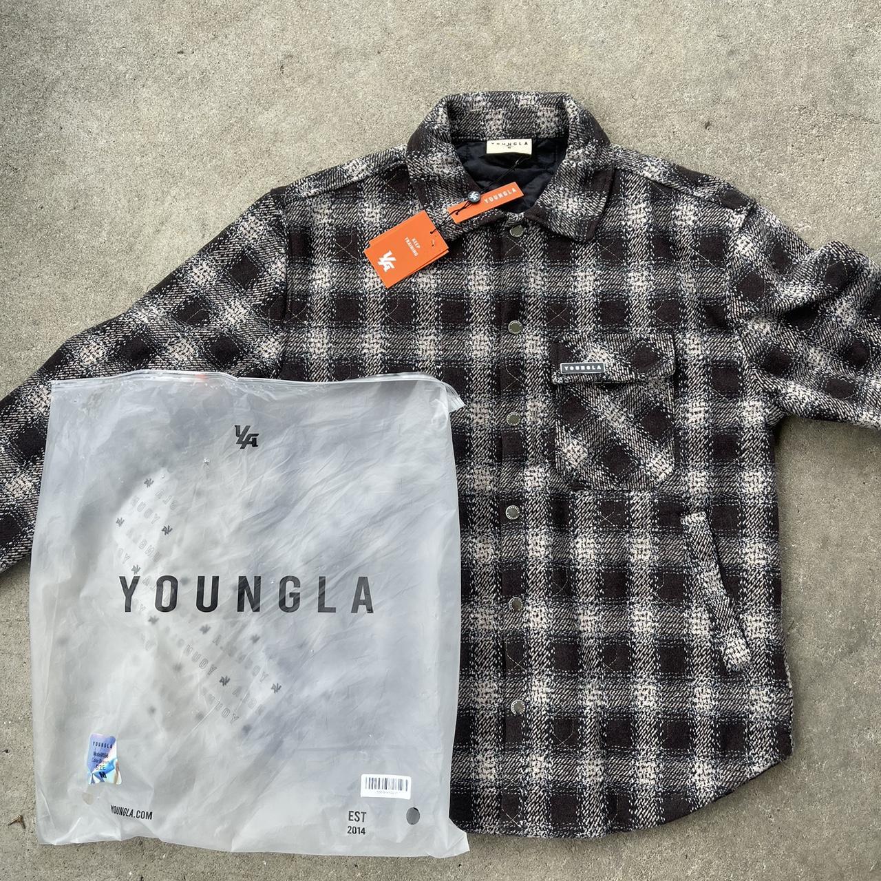 Young LA Dark Brown and Cream plaid flannel jacket -... - Depop