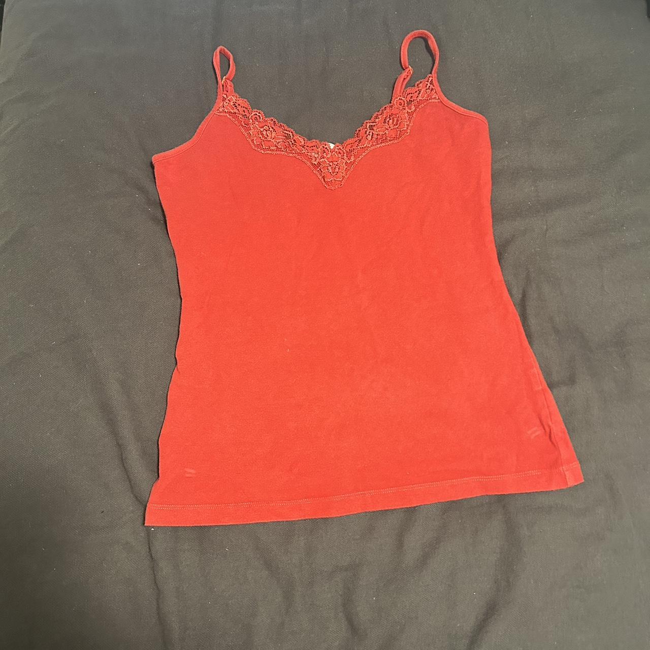 red V neck, lace tank top with adjustable straps - Depop