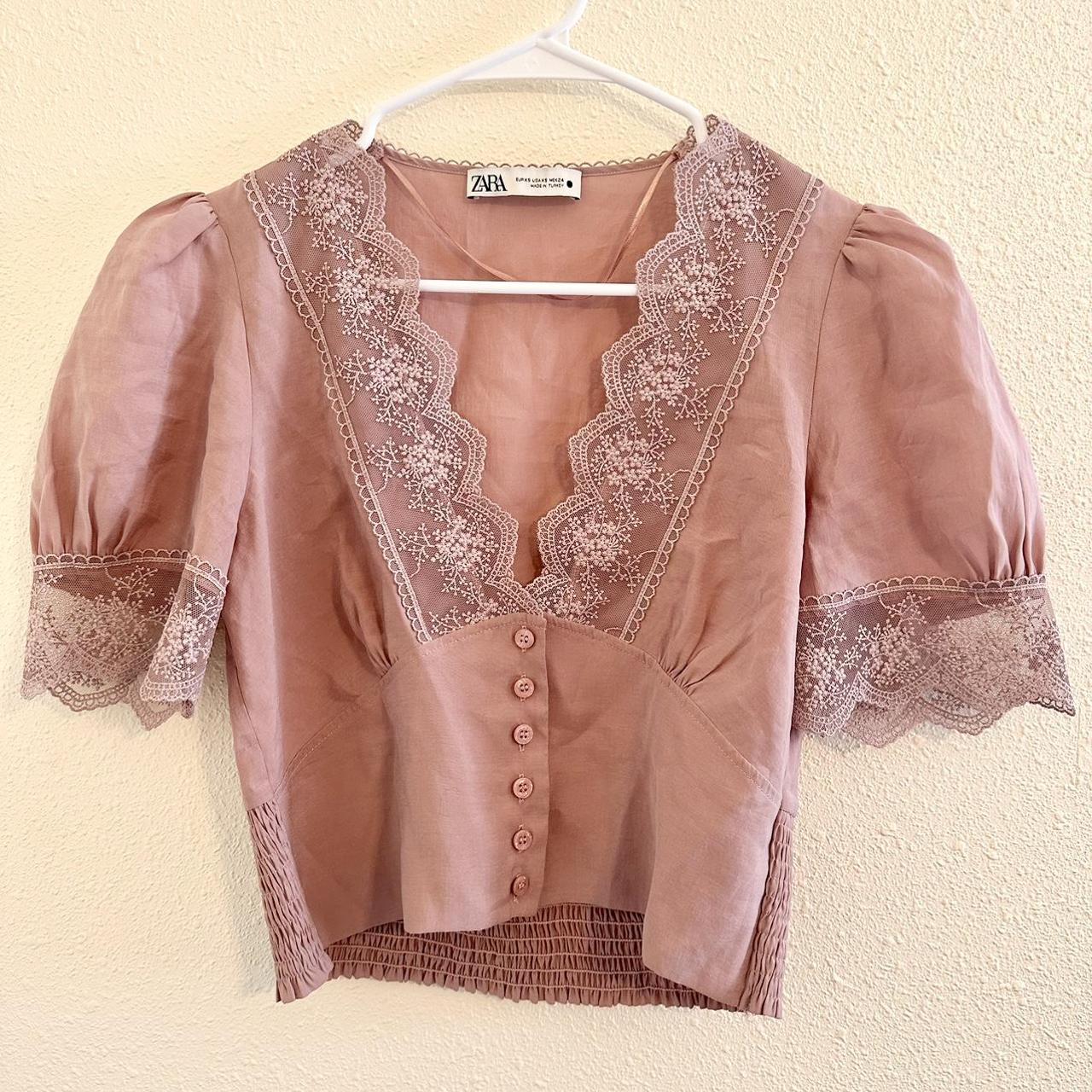 Beautiful Pink Lace cottage core Zara blouse. Brand... - Depop