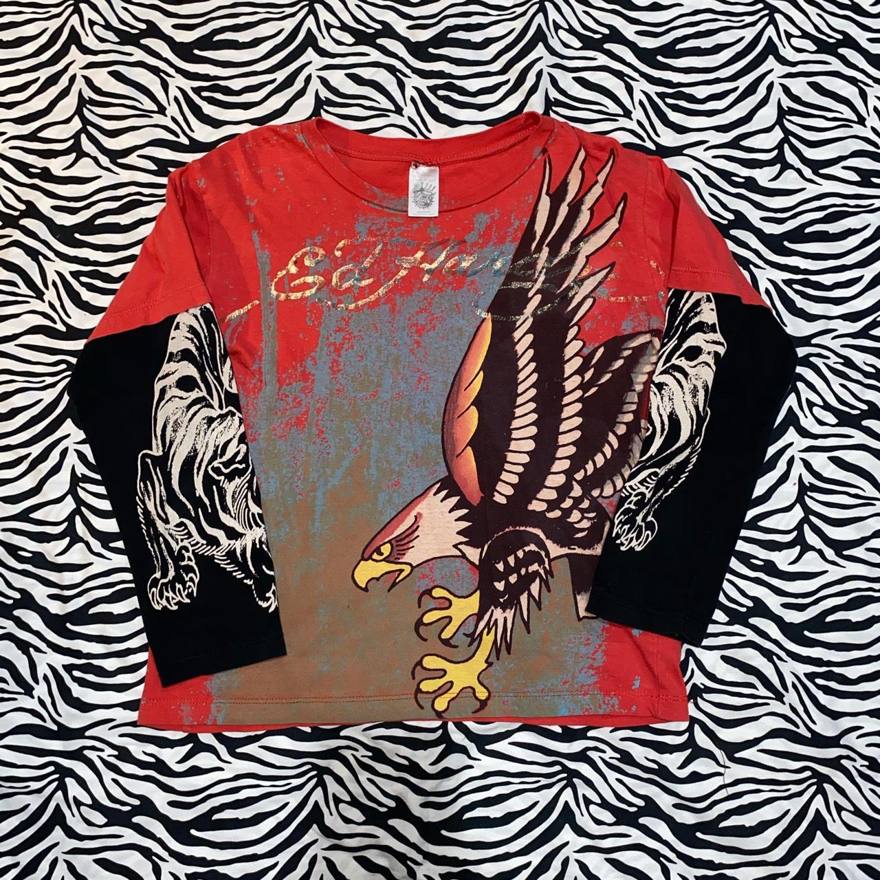 Red Ed Hardy 3/4 sleeve shirt youth size medium... - Depop