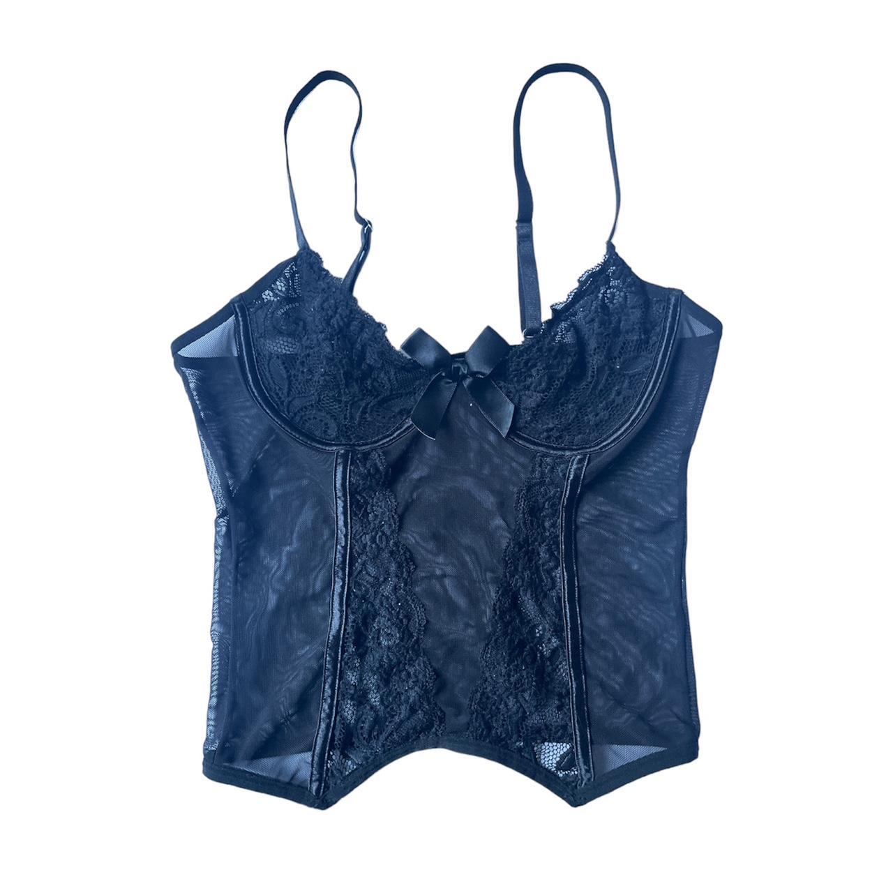 Black mesh and lace corset top with bow in the... - Depop