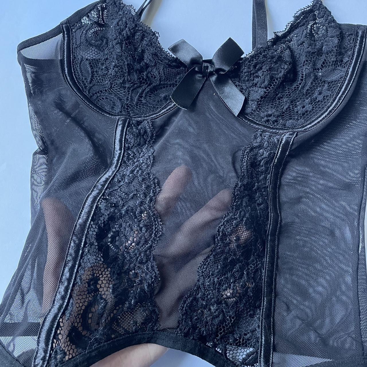 Black mesh and lace corset top with bow in the... - Depop